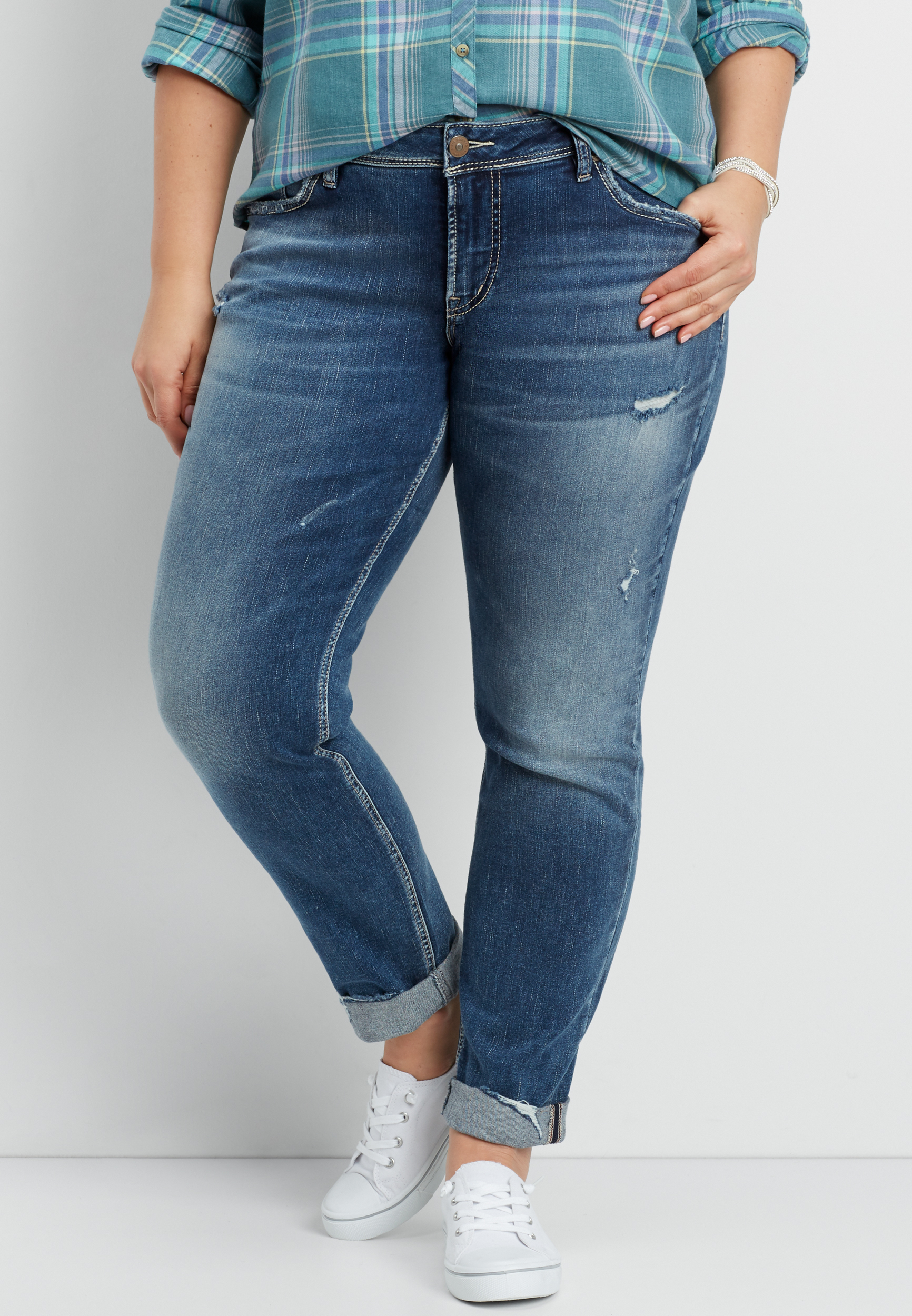 Silver Jeans Co.® plus size Sam boyfriend ankle jeans with destruction ...