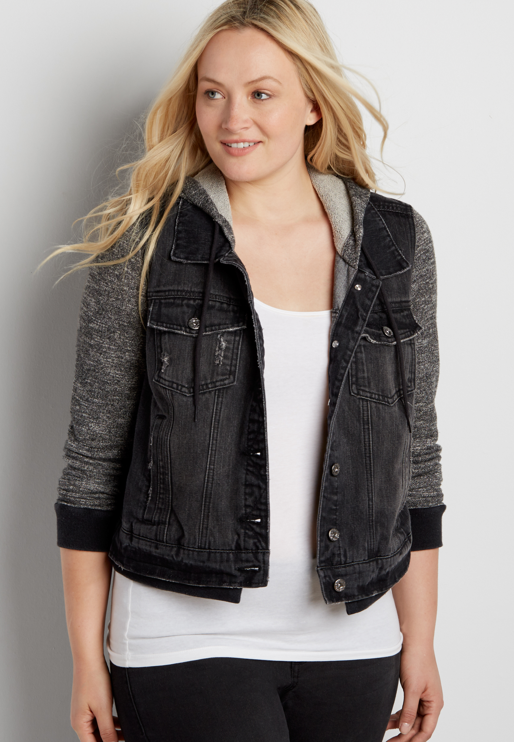 plus size french terry denim jacket with hood in black | maurices
