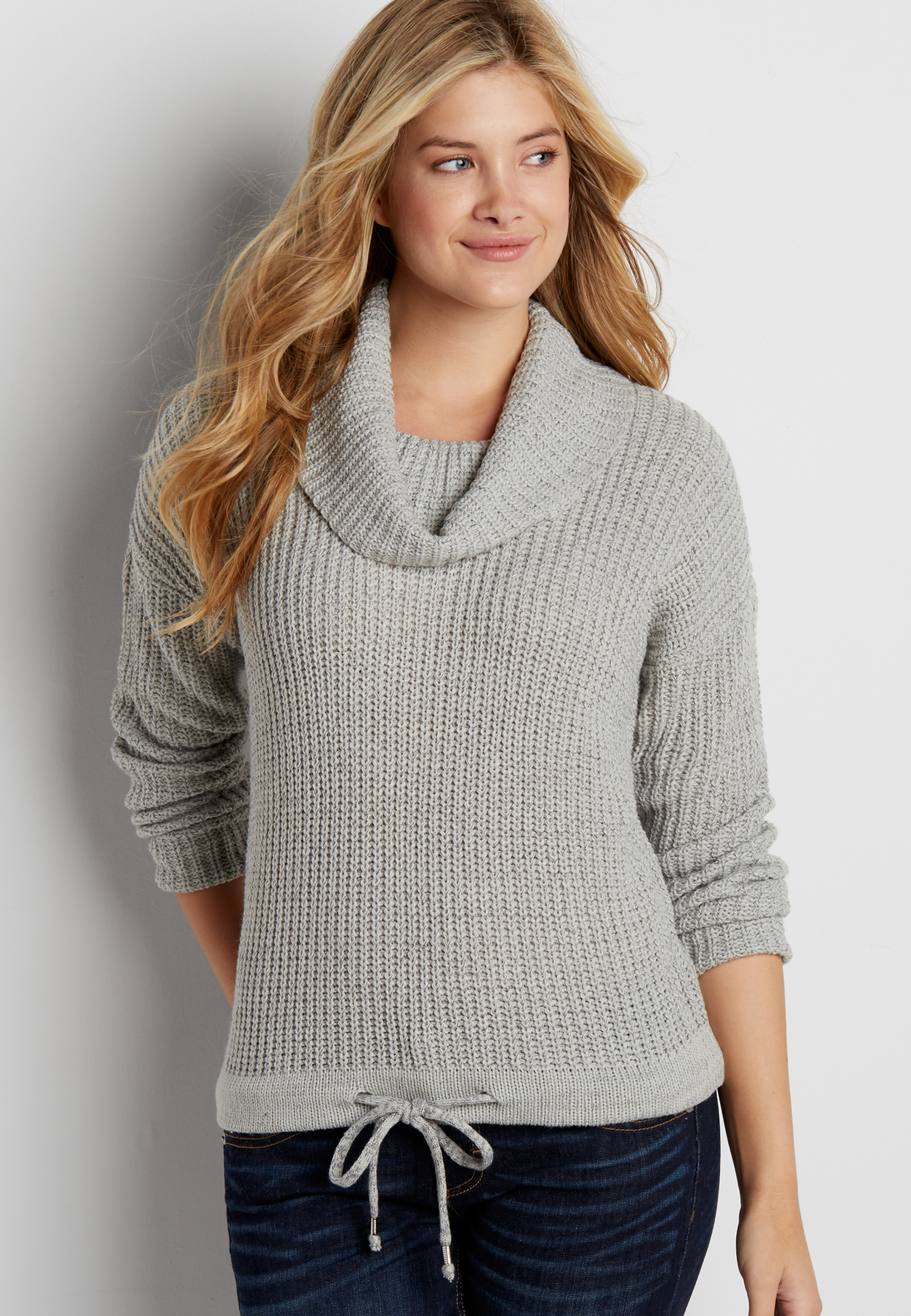 thick knit pullover sweater with cowl neck and drawstring bottom hem ...