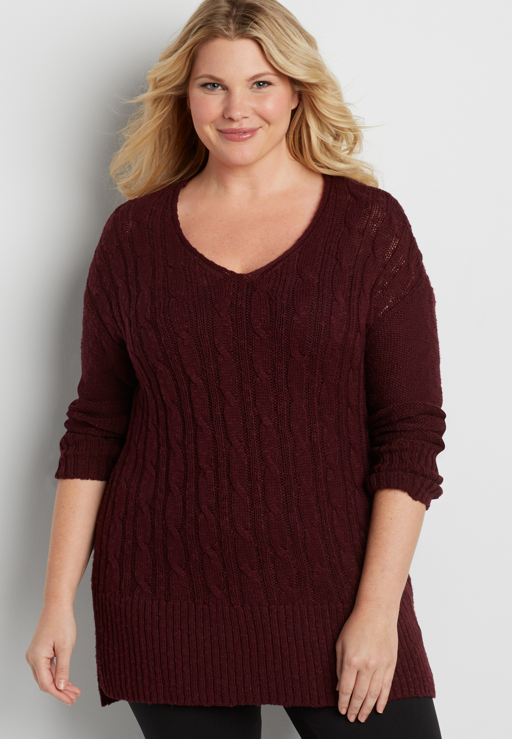 plus size cable knit pullover tunic sweater in mulberry | maurices