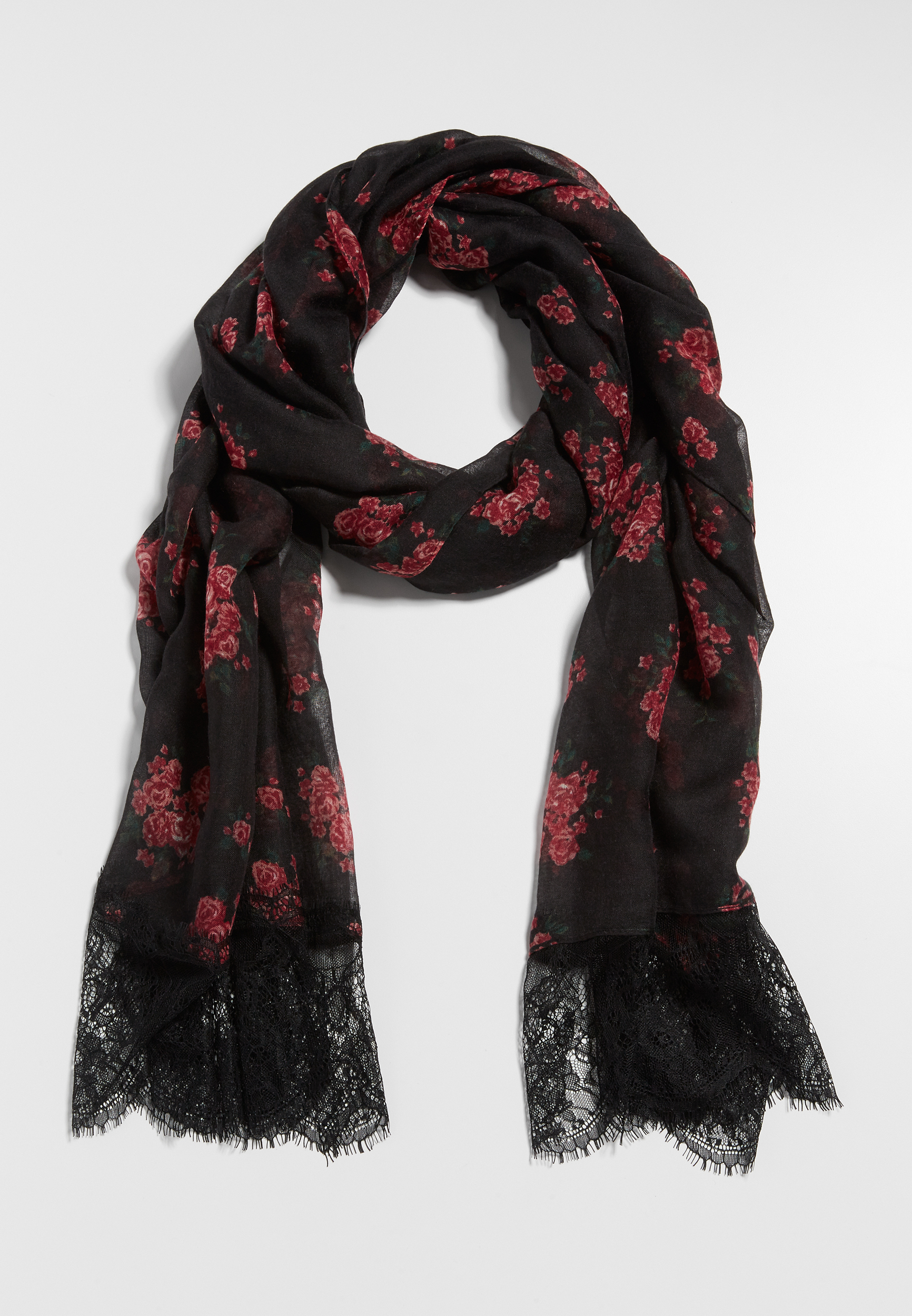 rose print scarf with scalloped eyelash lace | maurices