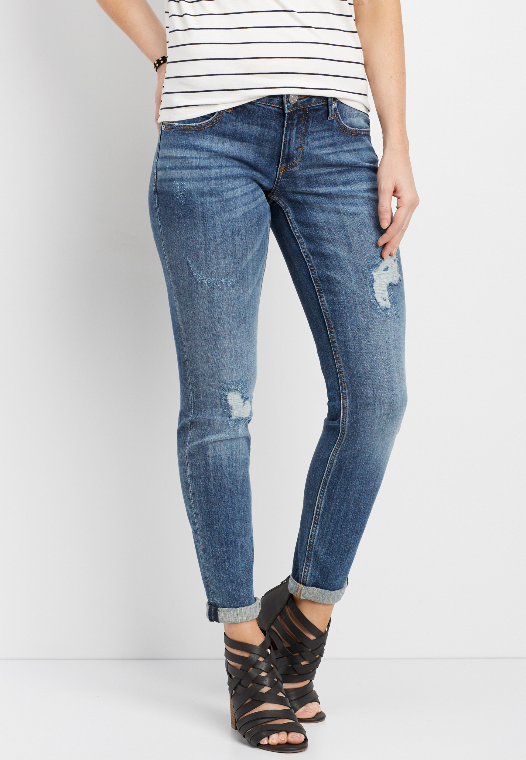cuffed skinny jeans with destruction | maurices
