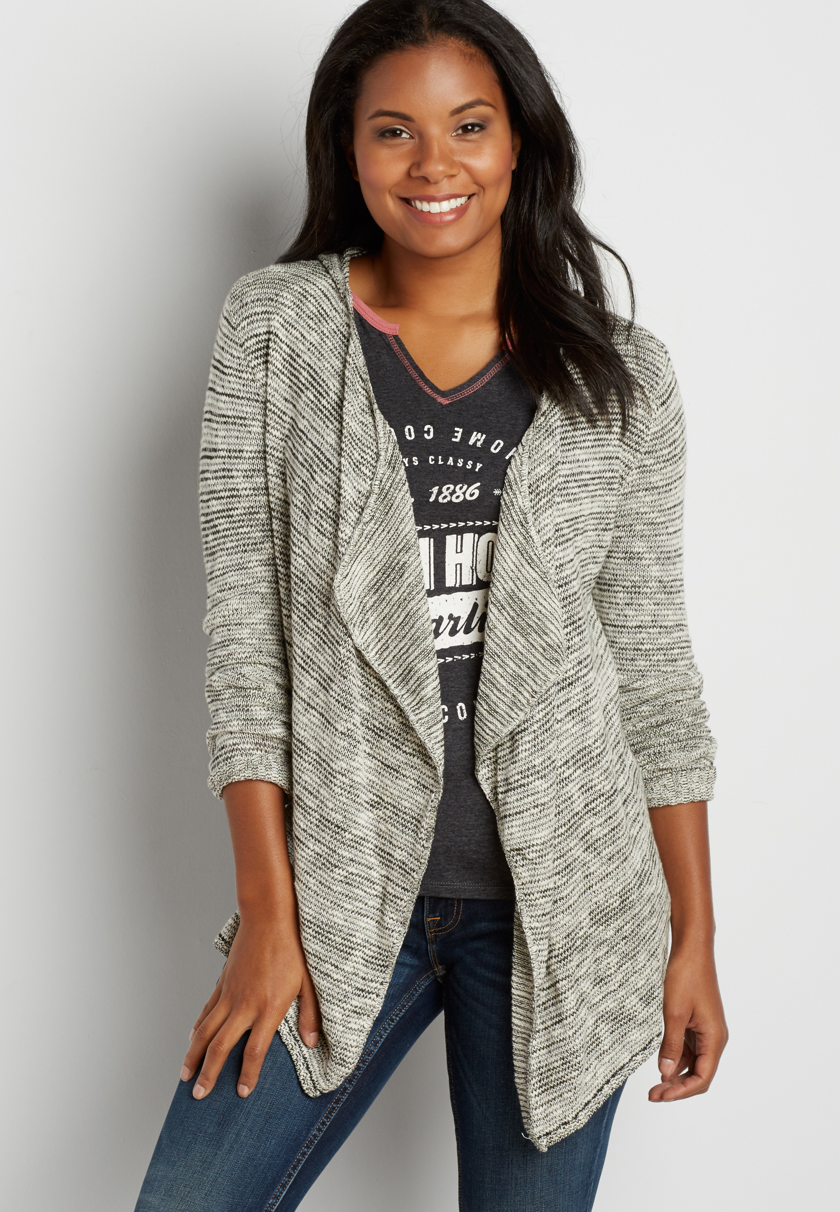 hooded drape front cardigan with textured stripes | maurices