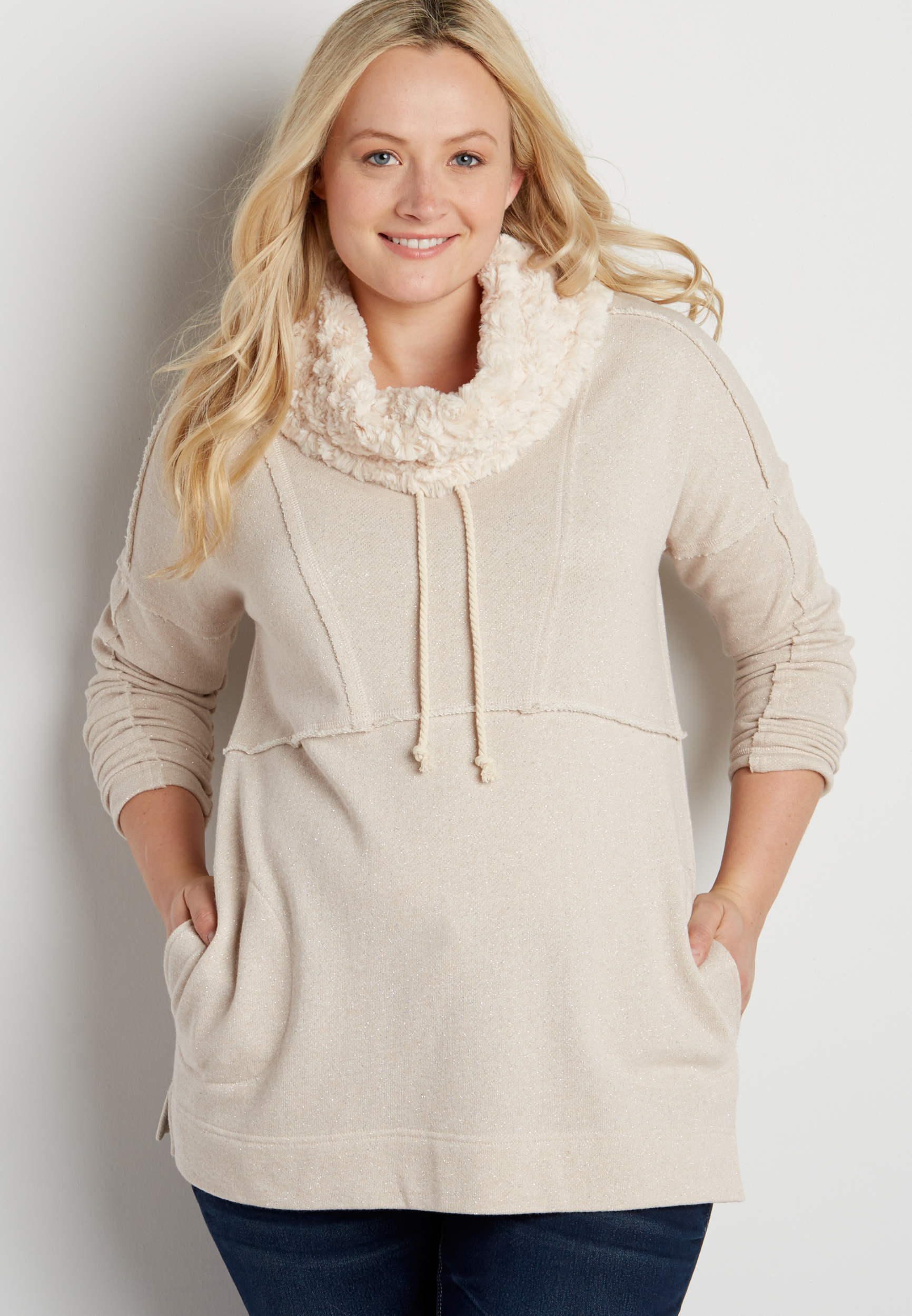 plus size dolman pullover sweatshirt with metallic shimmer and faux fur ...