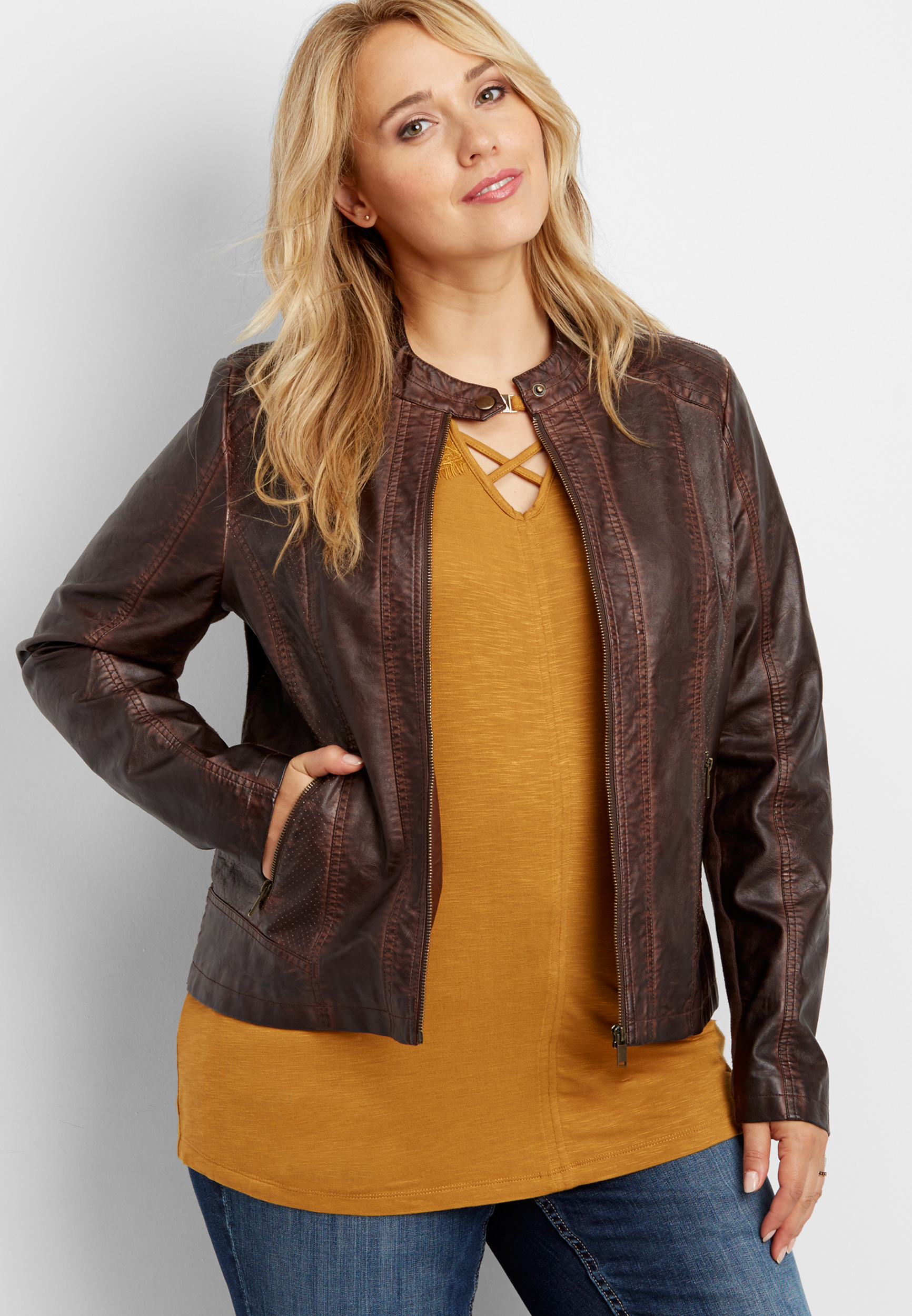 plus size faux leather scuba jacket with perforated and ribbed knit ...