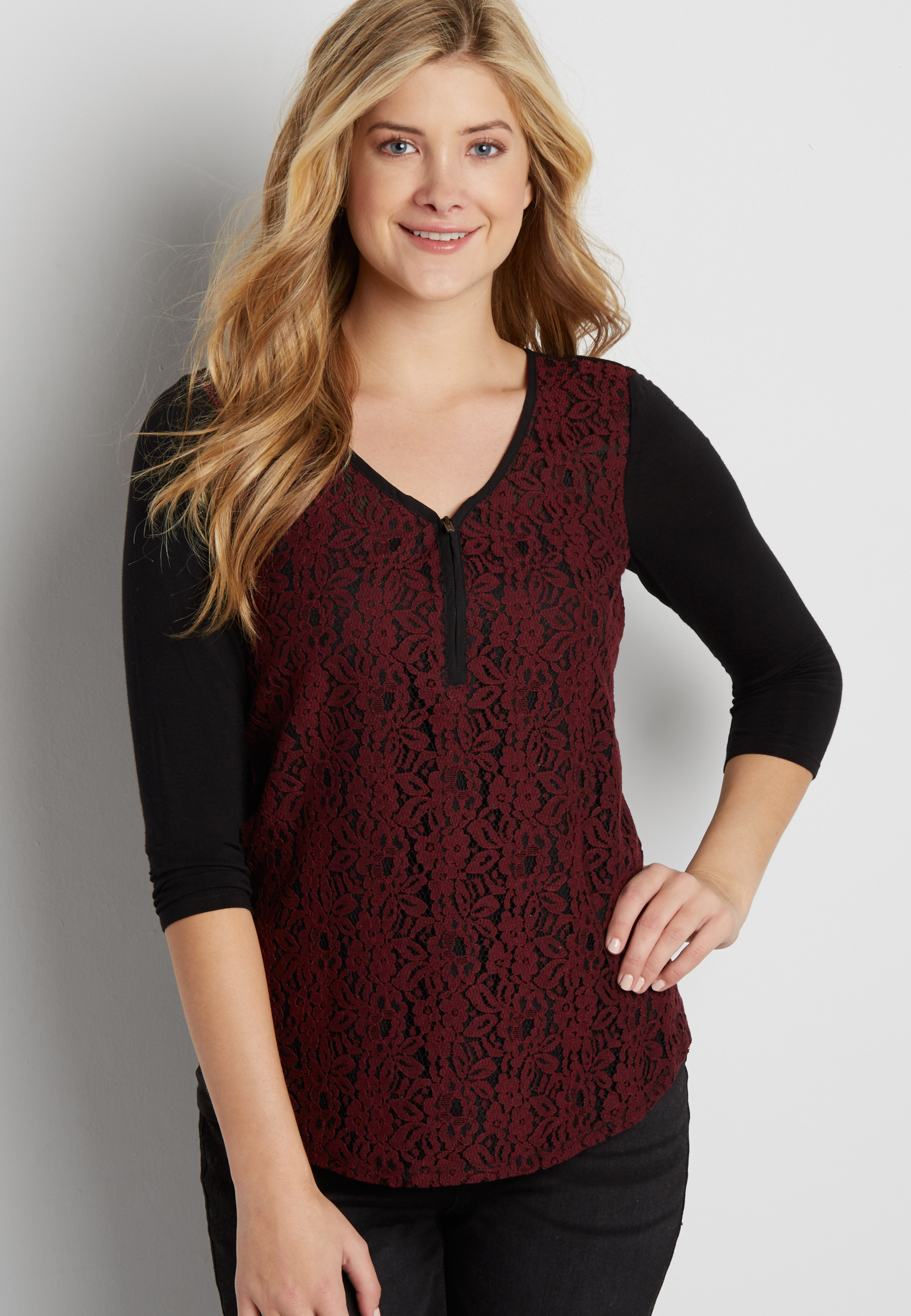 zip neck top with floral lace overlay in mulberry | maurices