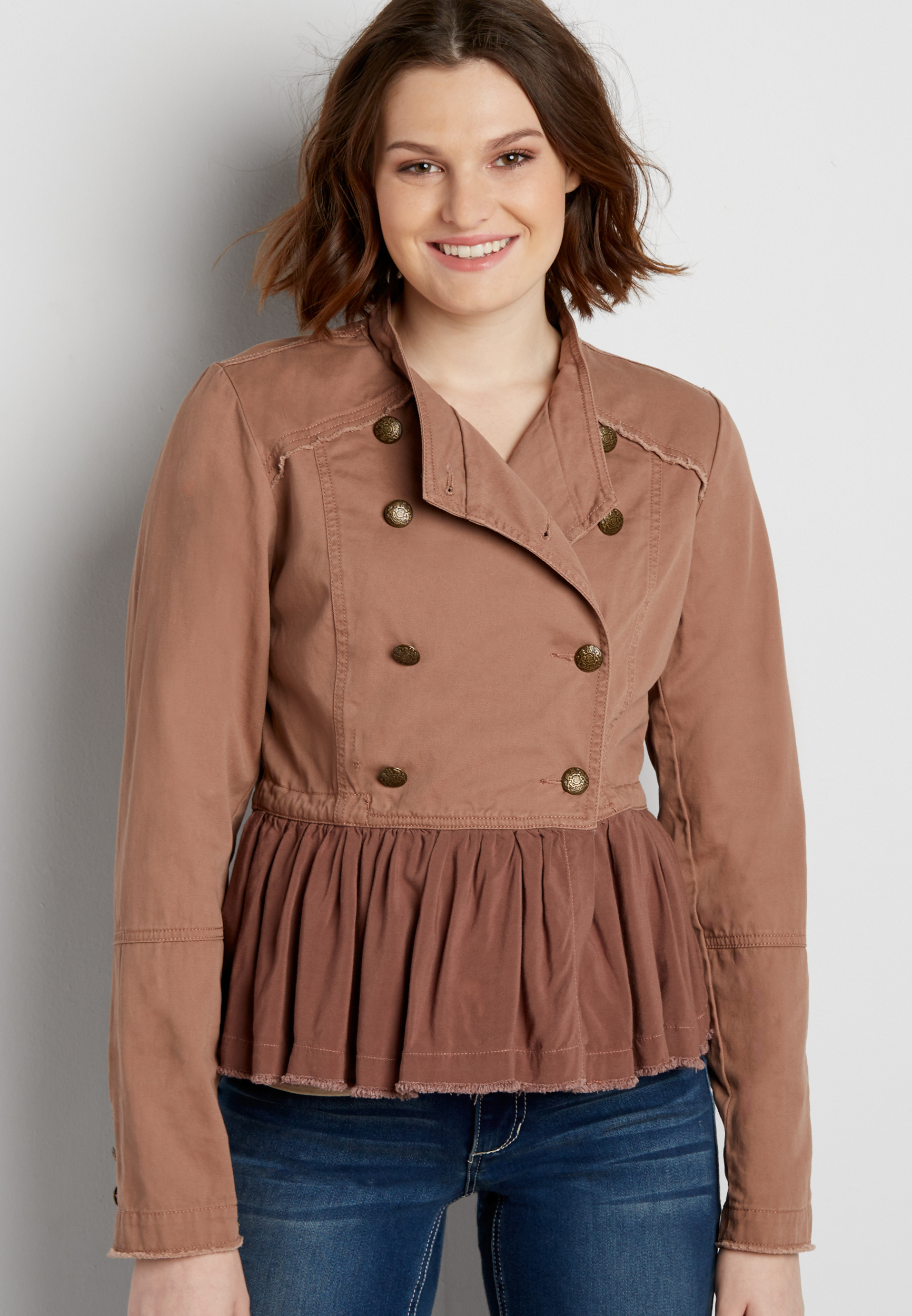 military jacket with ruffle hem | maurices