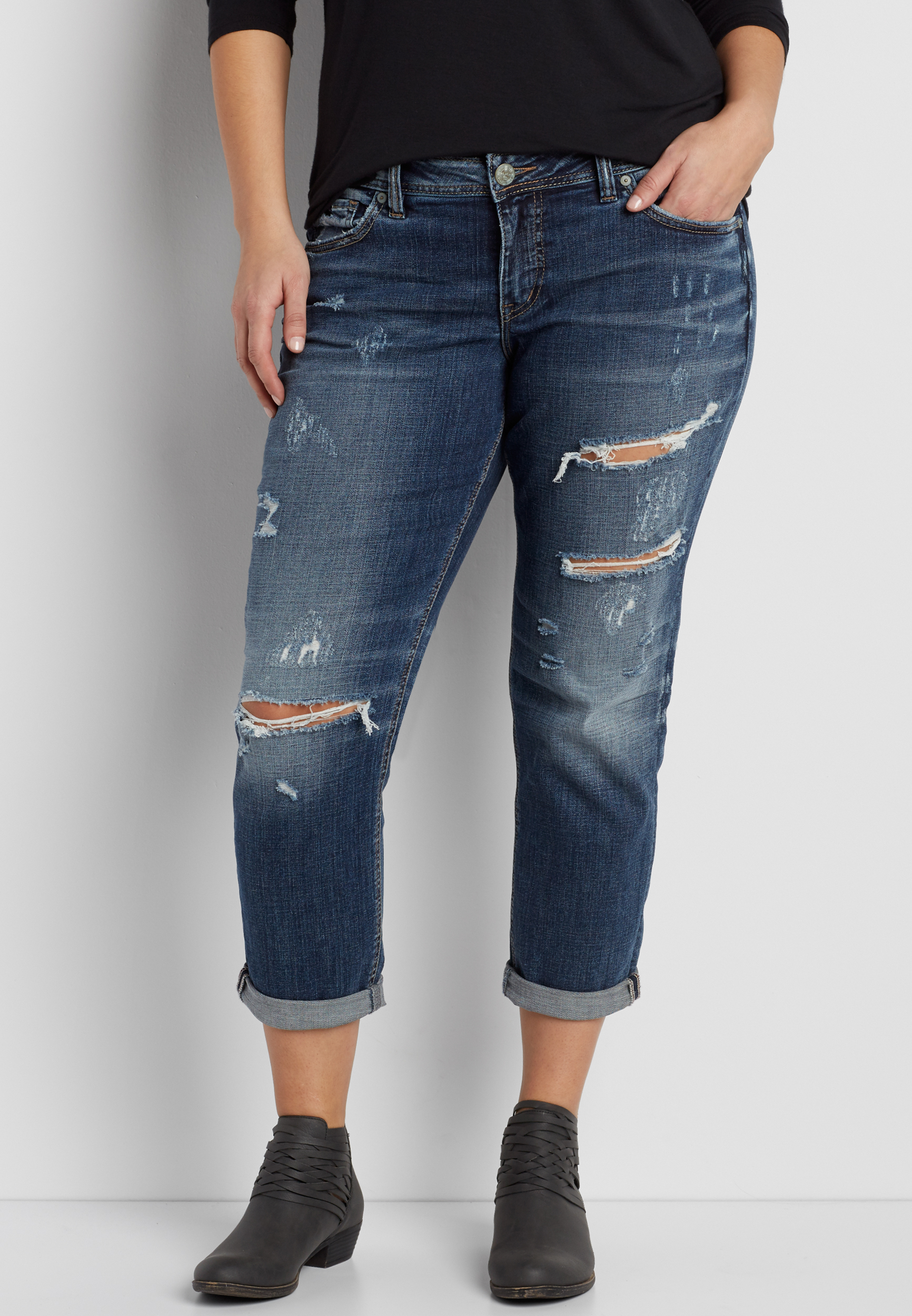Silver Jeans Co.® plus size Sam boyfriend crop jeans with destruction ...