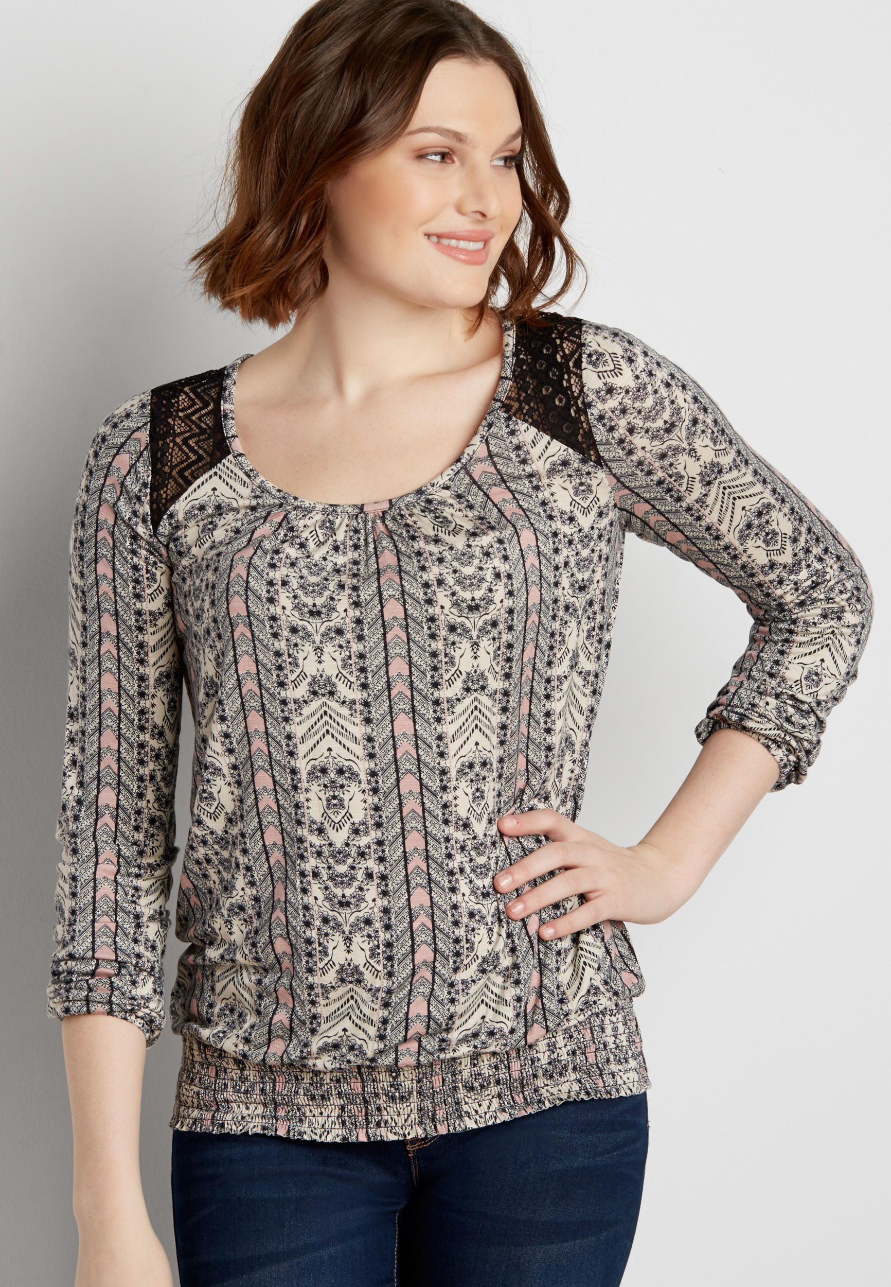 floral patterned top with smocked bottom and lace | maurices