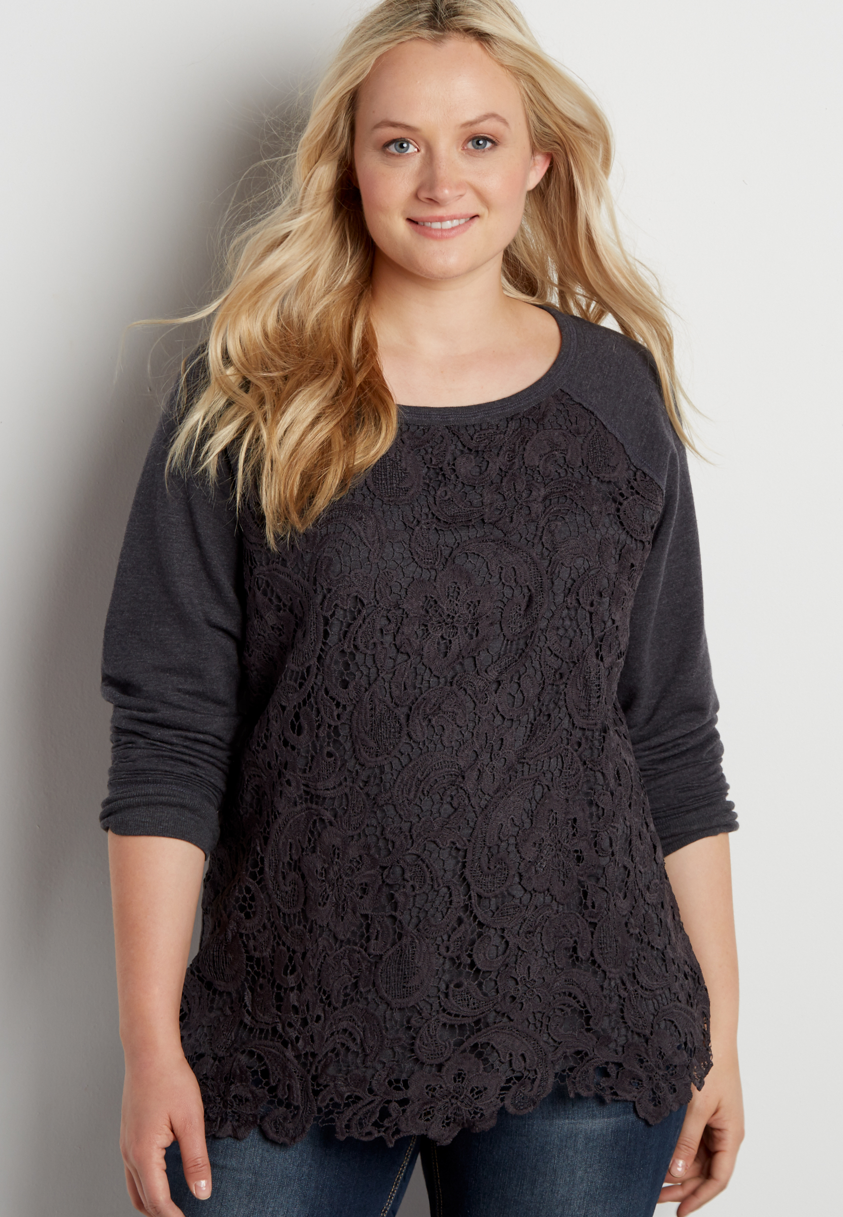 plus size pullover sweatshirt with crocheted overlay | maurices