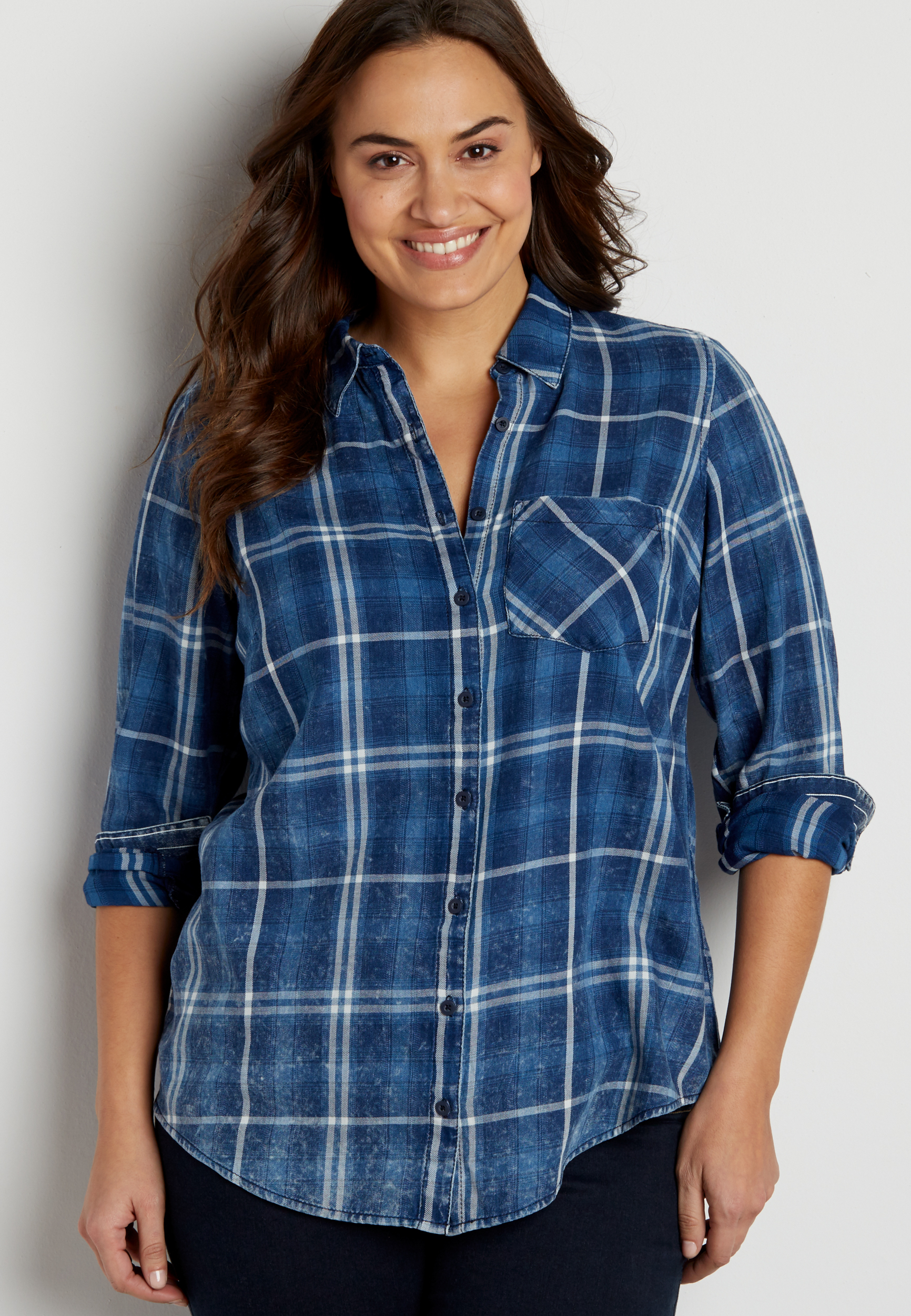 plus size button down tunic in distressed blue plaid | maurices