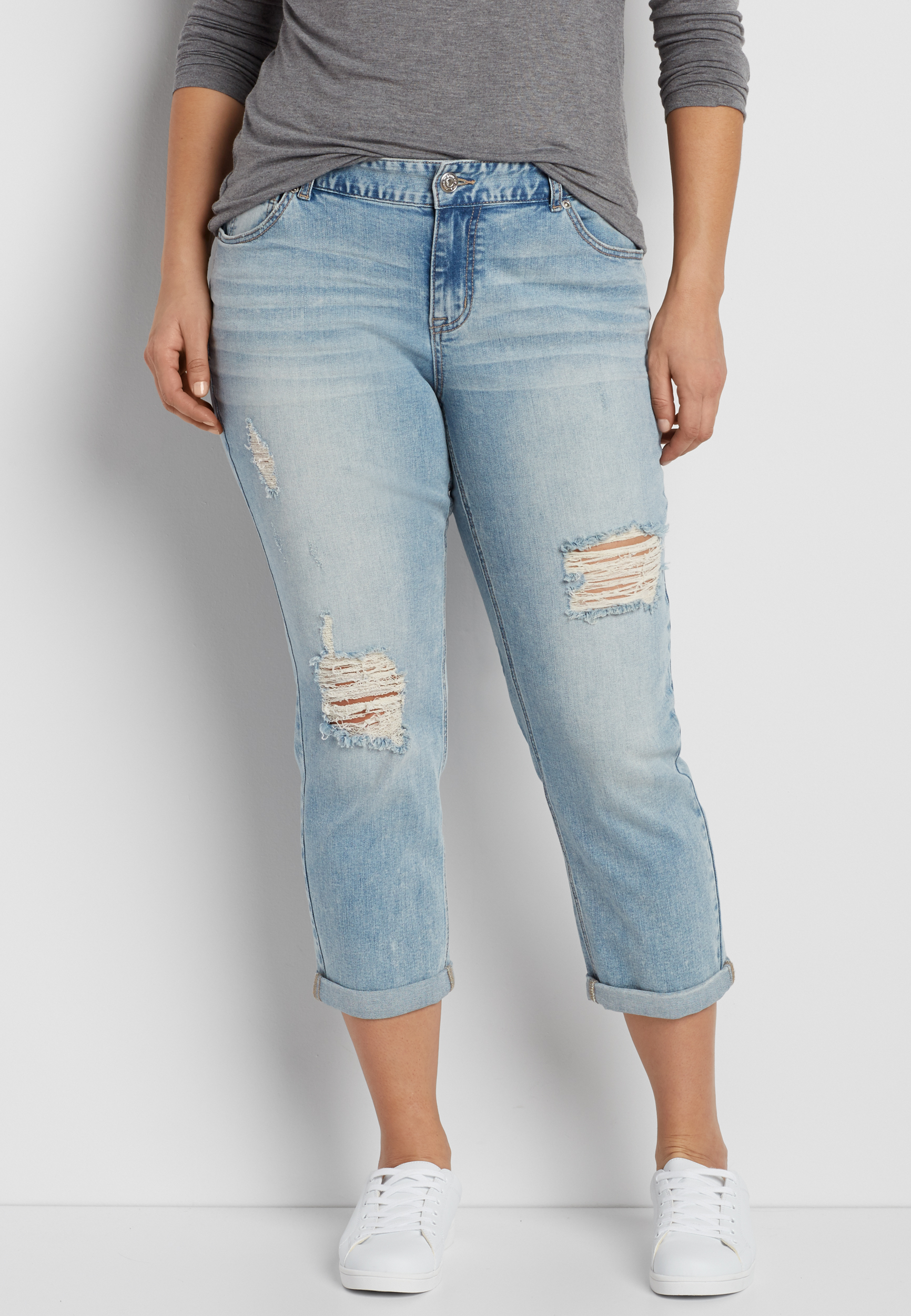 plus size boyfriend crop jeans in light wash with destruction | maurices