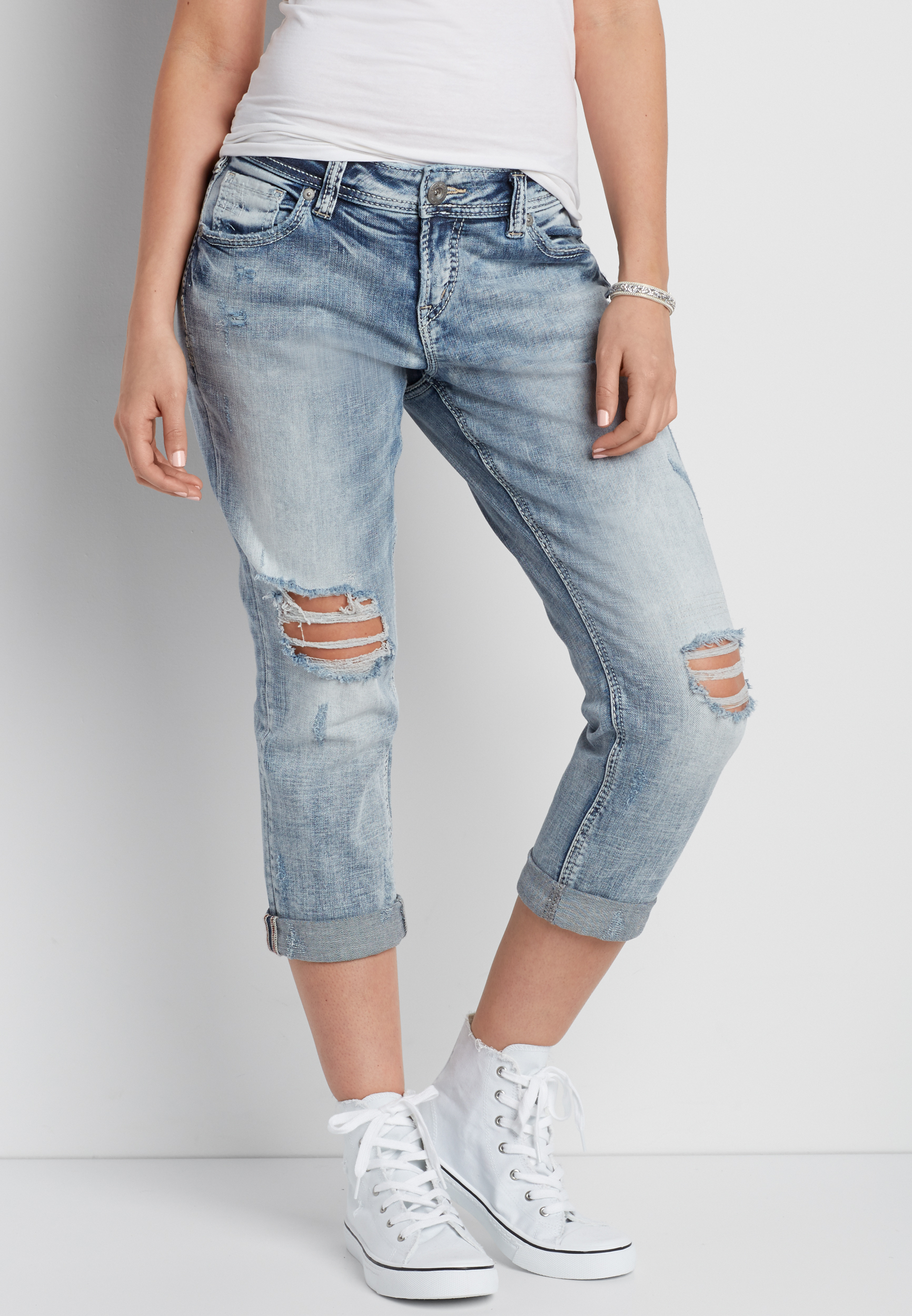 Silver Jeans Co.® Sam boyfriend capri with destroyed knees | maurices