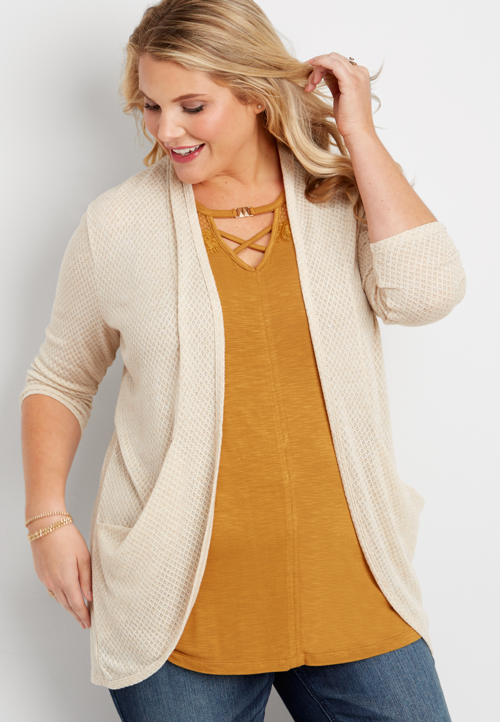 plus size pointelle stitched drapey cardigan with pockets | maurices