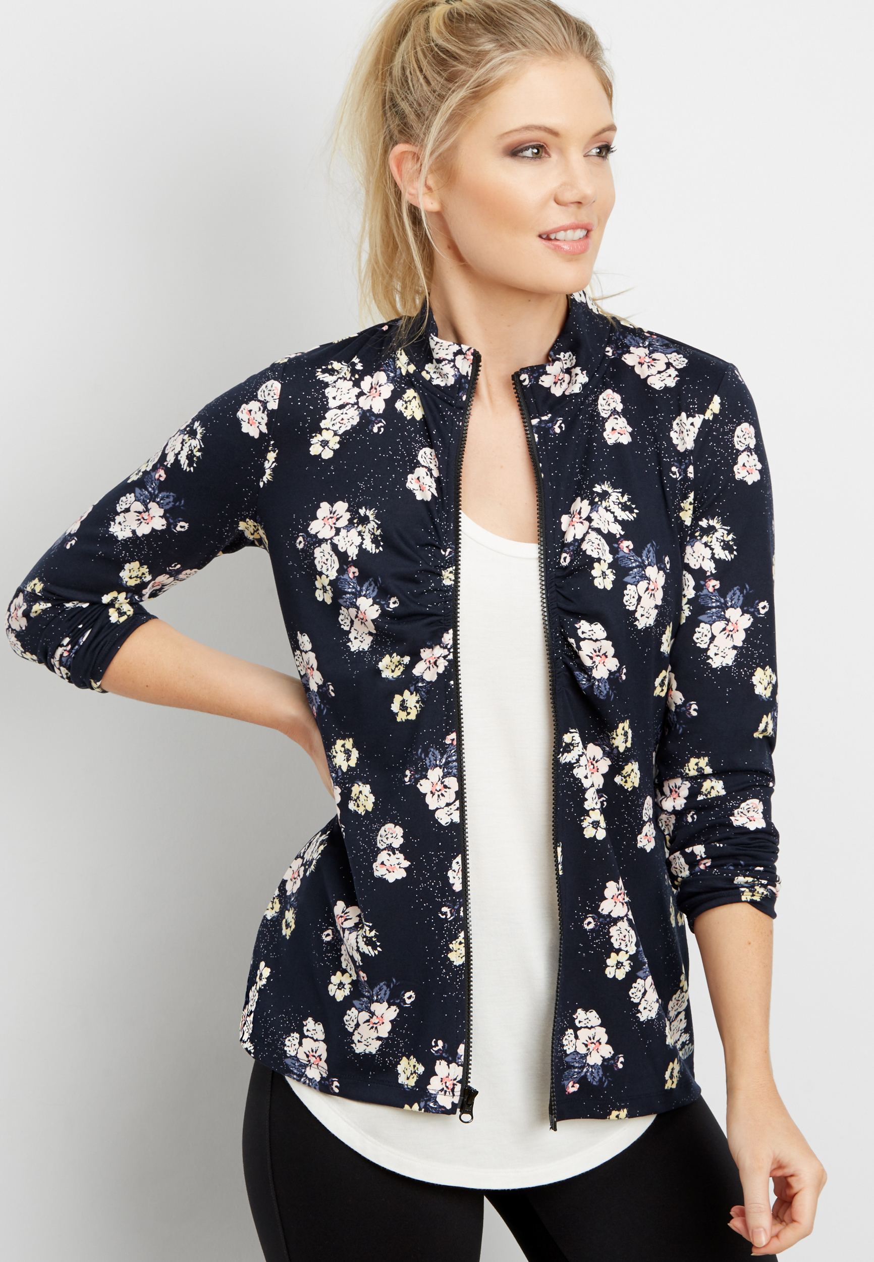 ultra soft zip up jacket in floral print | maurices