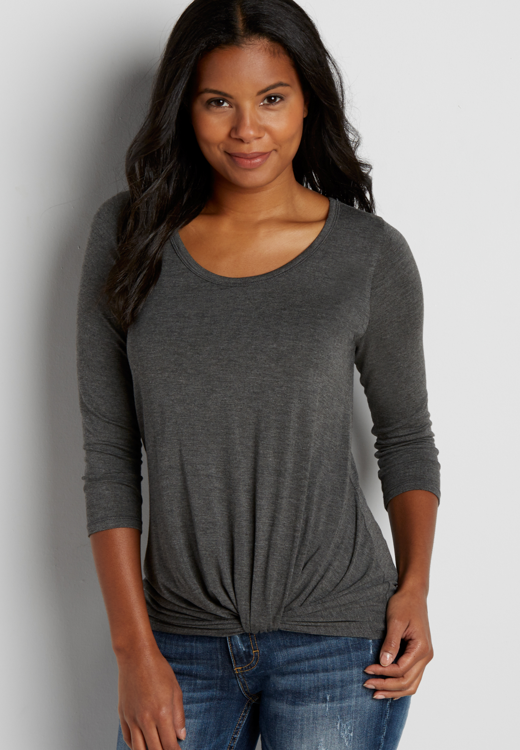 the 24/7 lightweight heathered tee with knot hem and 3/4 length sleeves ...