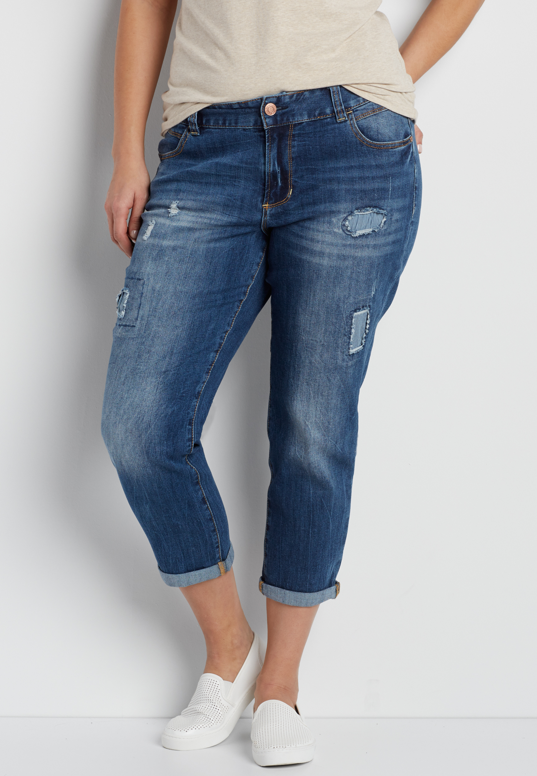 plus size Ellie boyfriend capri with stripe backed destruction | maurices