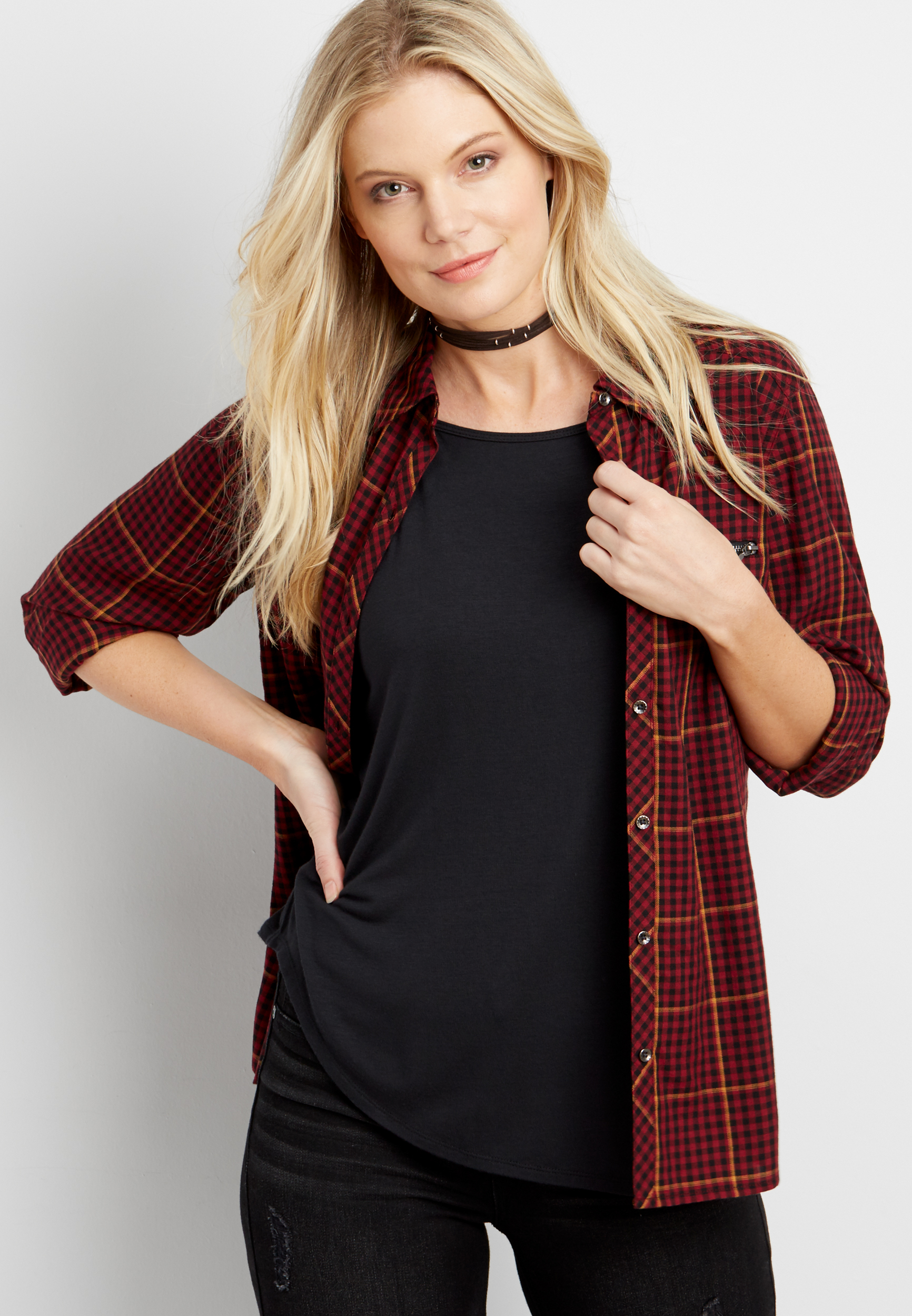 Button Down Gingham Shirt With Zipper Pocket Maurices