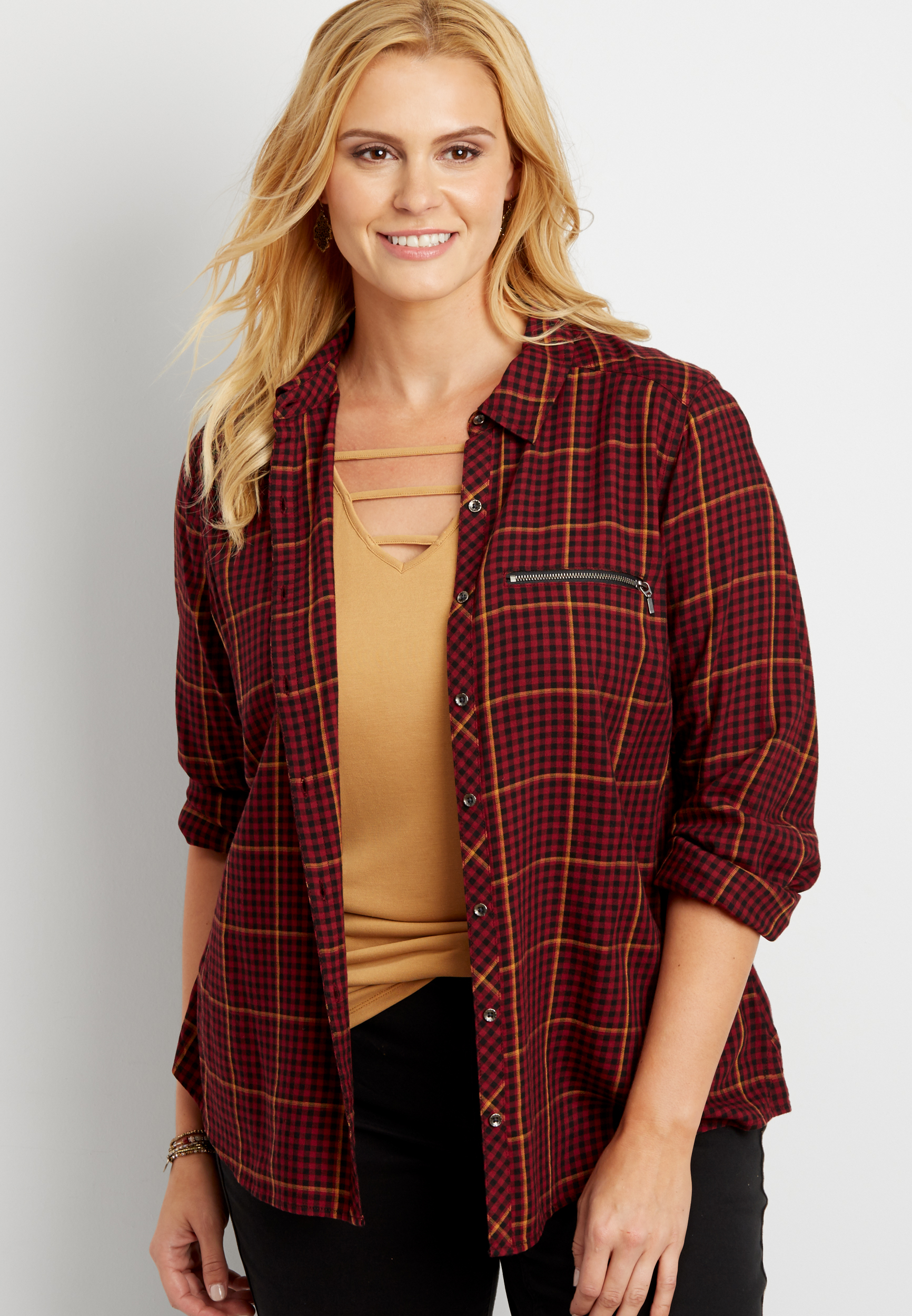 Plus Size Button Down Gingham Shirt With Zipper Pocket Maurices