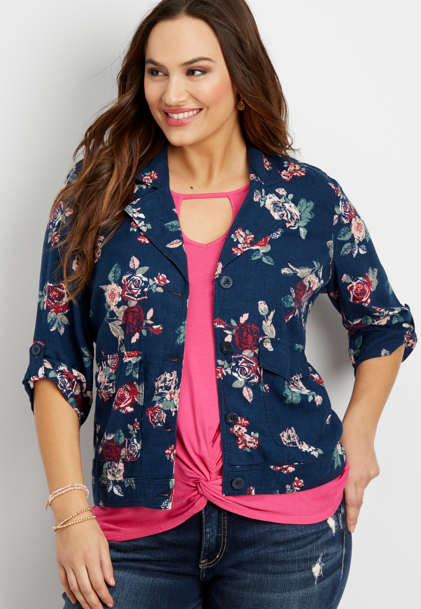 plus size linen jacket in floral print | maurices