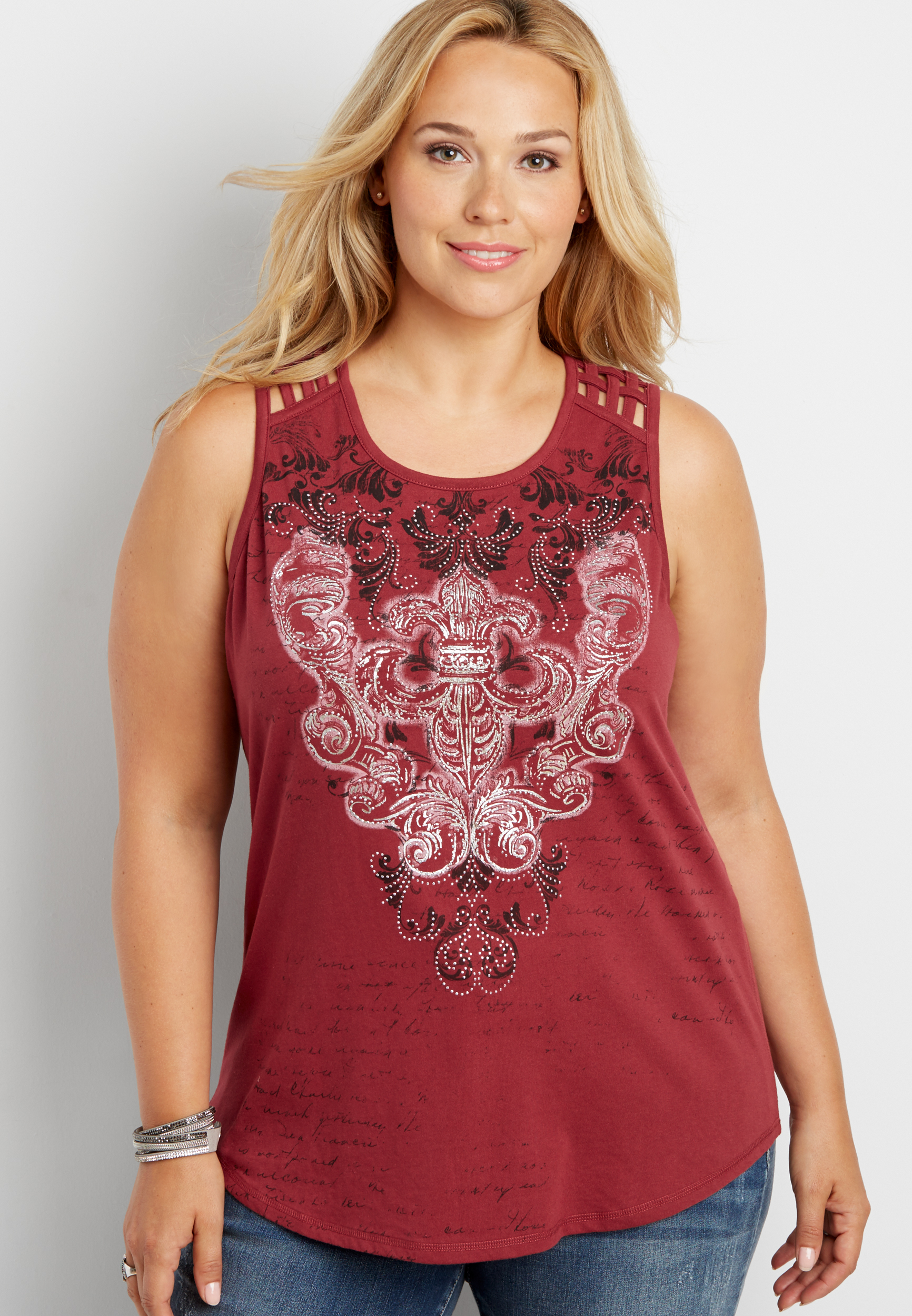 plus size premium tank with strappy shoulders and studded graphic ...