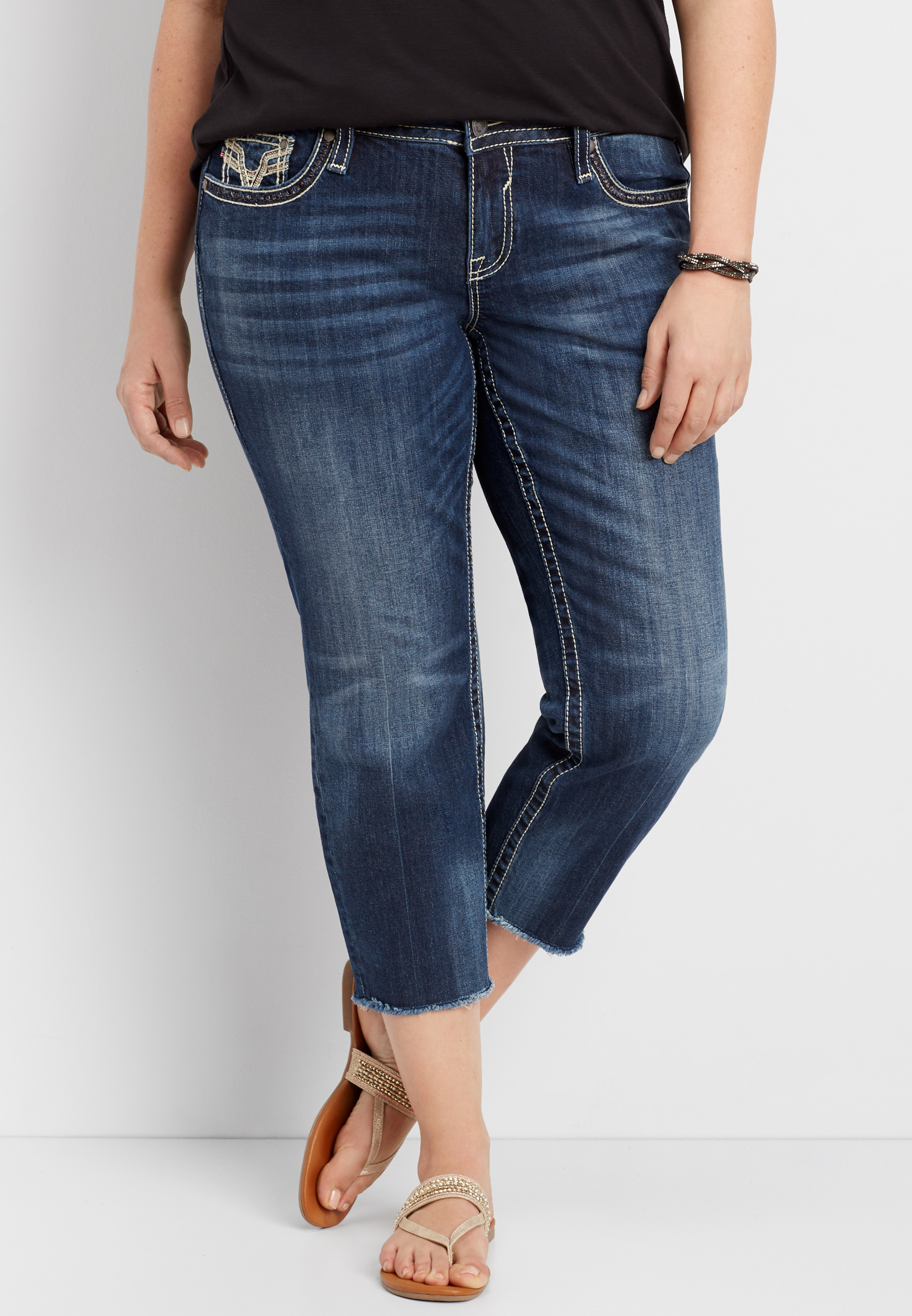 plus size Vigoss ® frayed dark wash capri | maurices