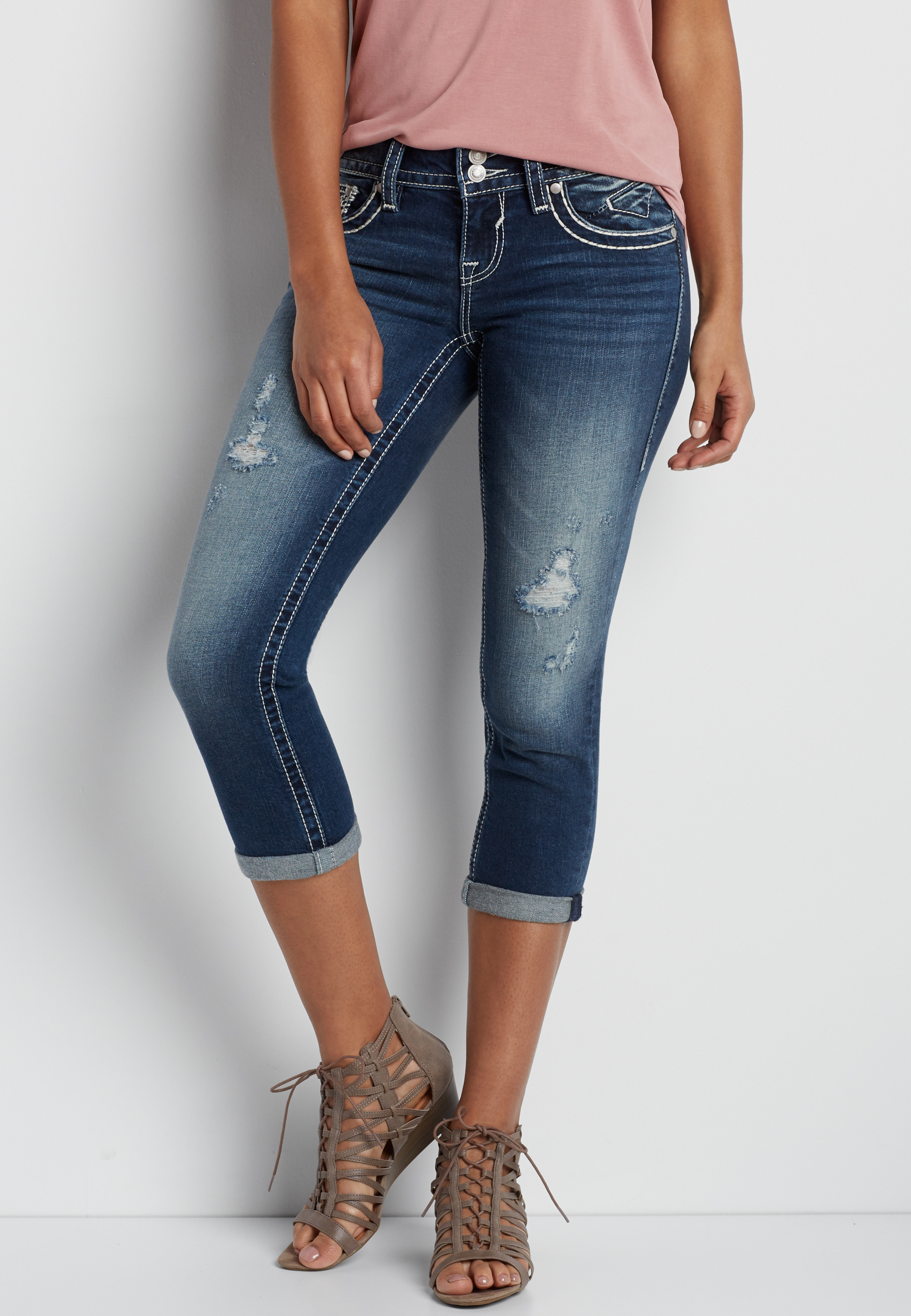 Vigoss® dark wash capri with destruction | maurices