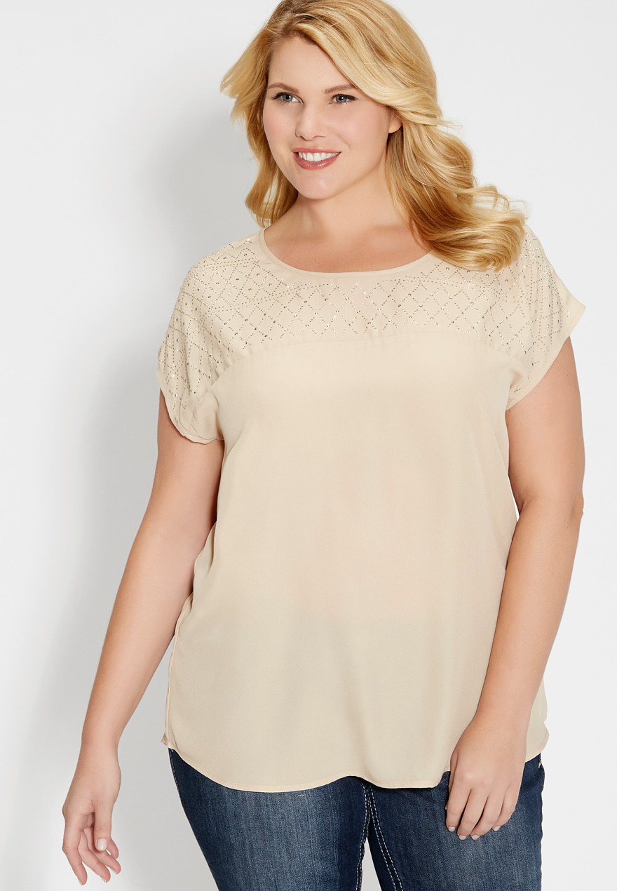 plus size chiffon blouse with rhinestone embellished yoke | maurices