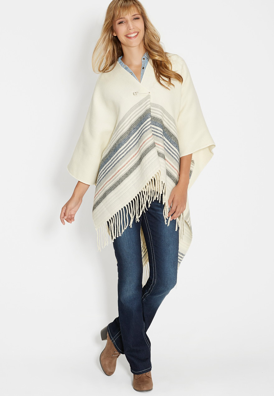 striped ruana wrap with oversized safety pin closure | maurices