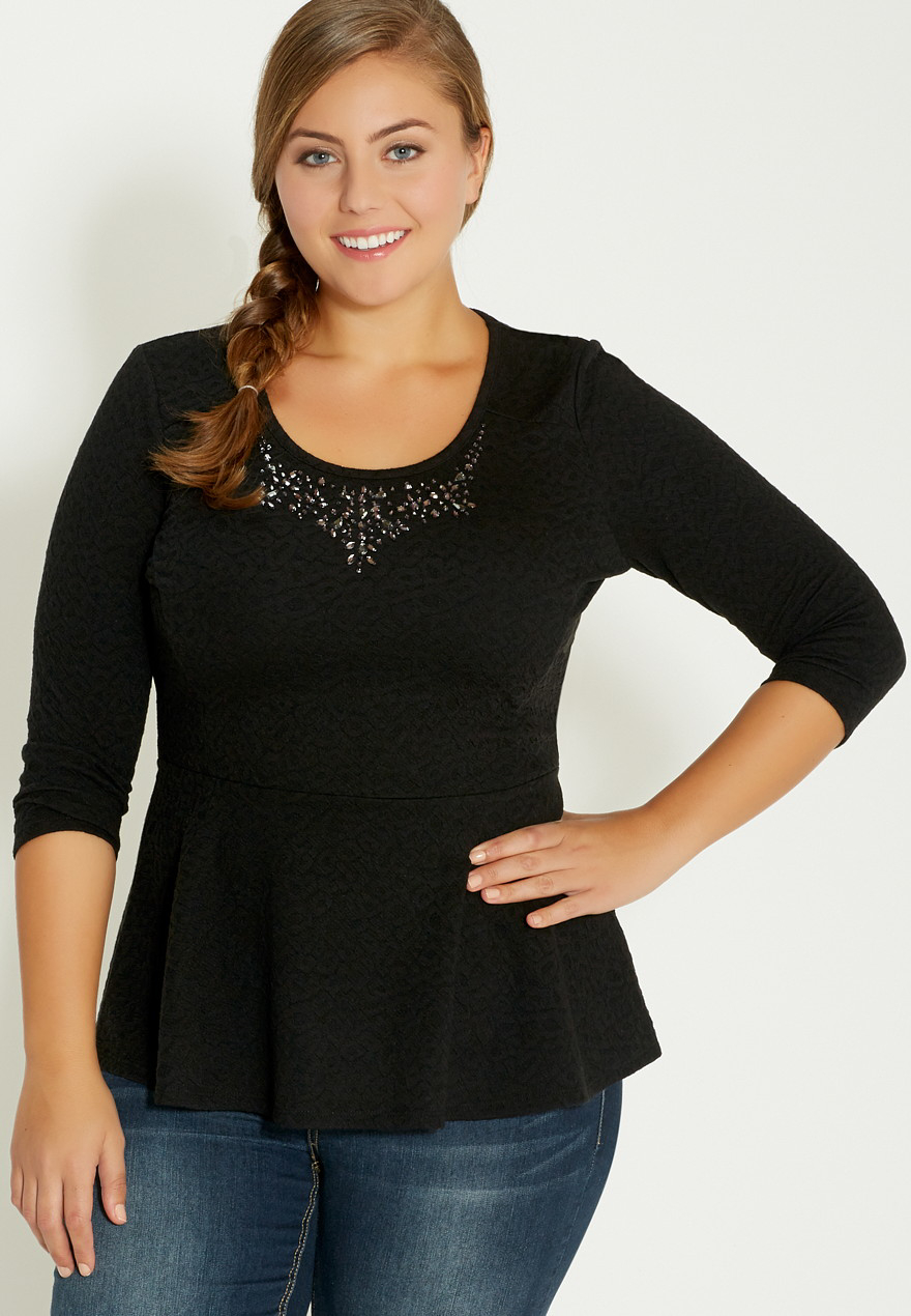 plus size peplum top with rhinestone embellished neckline | maurices