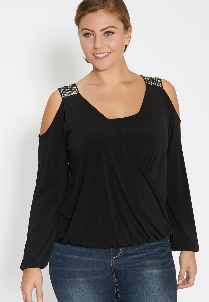 plus size wrap front top with embellished cold shoulders | maurices