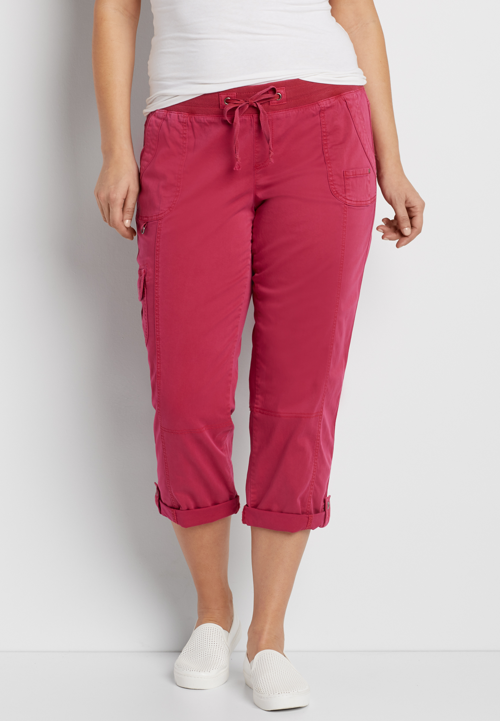 plus size cargo capri with ribbed waistband in punch | maurices