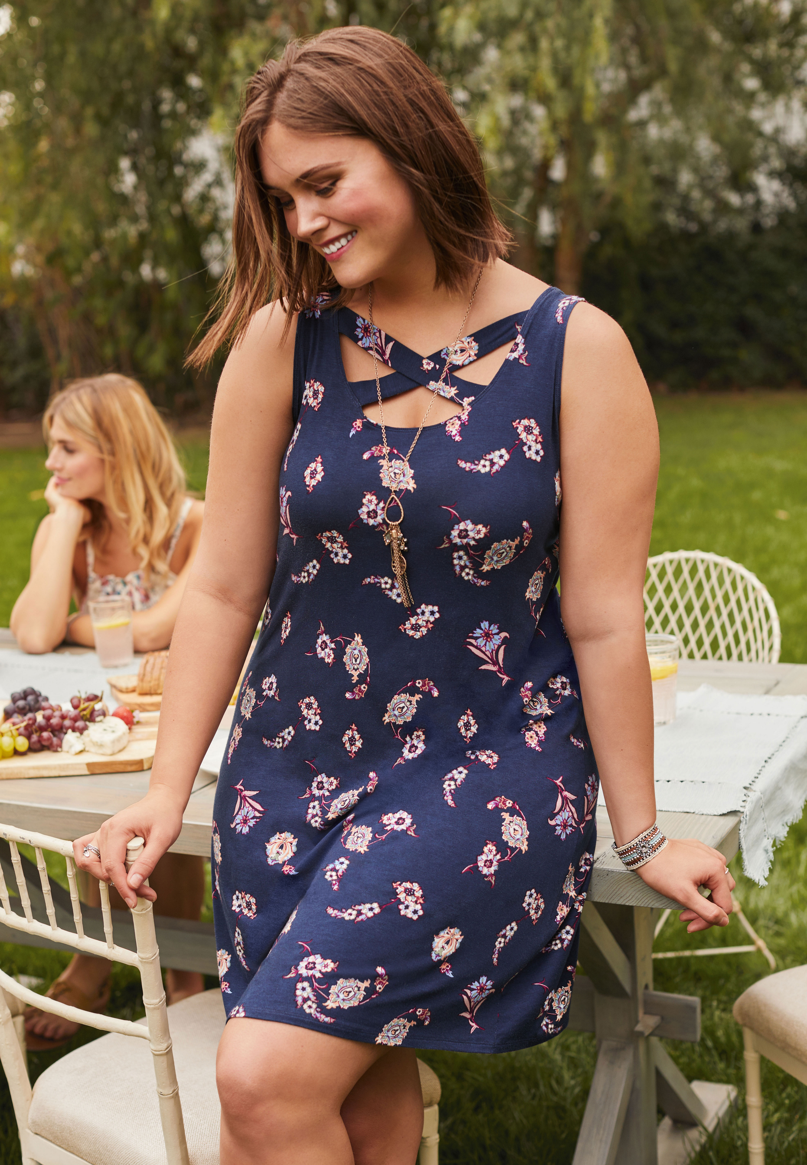 plus size 24/7 strappy neck and back floral shirtdress | maurices