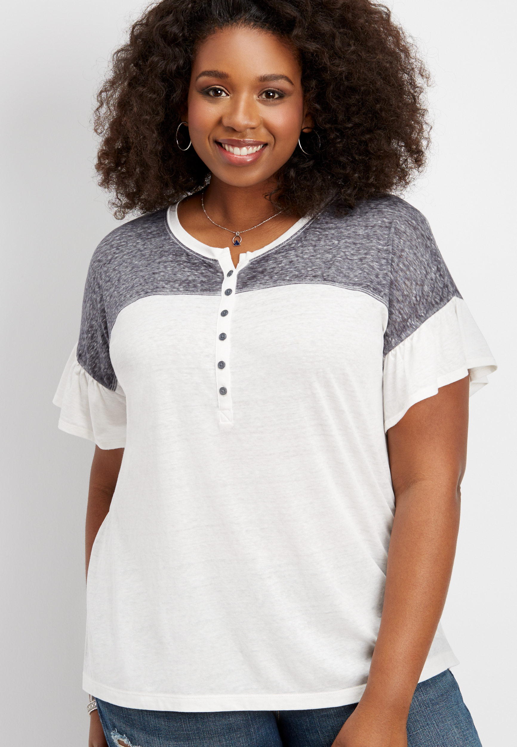 plus size 24/7 ruffled sleeve baseball tee | maurices