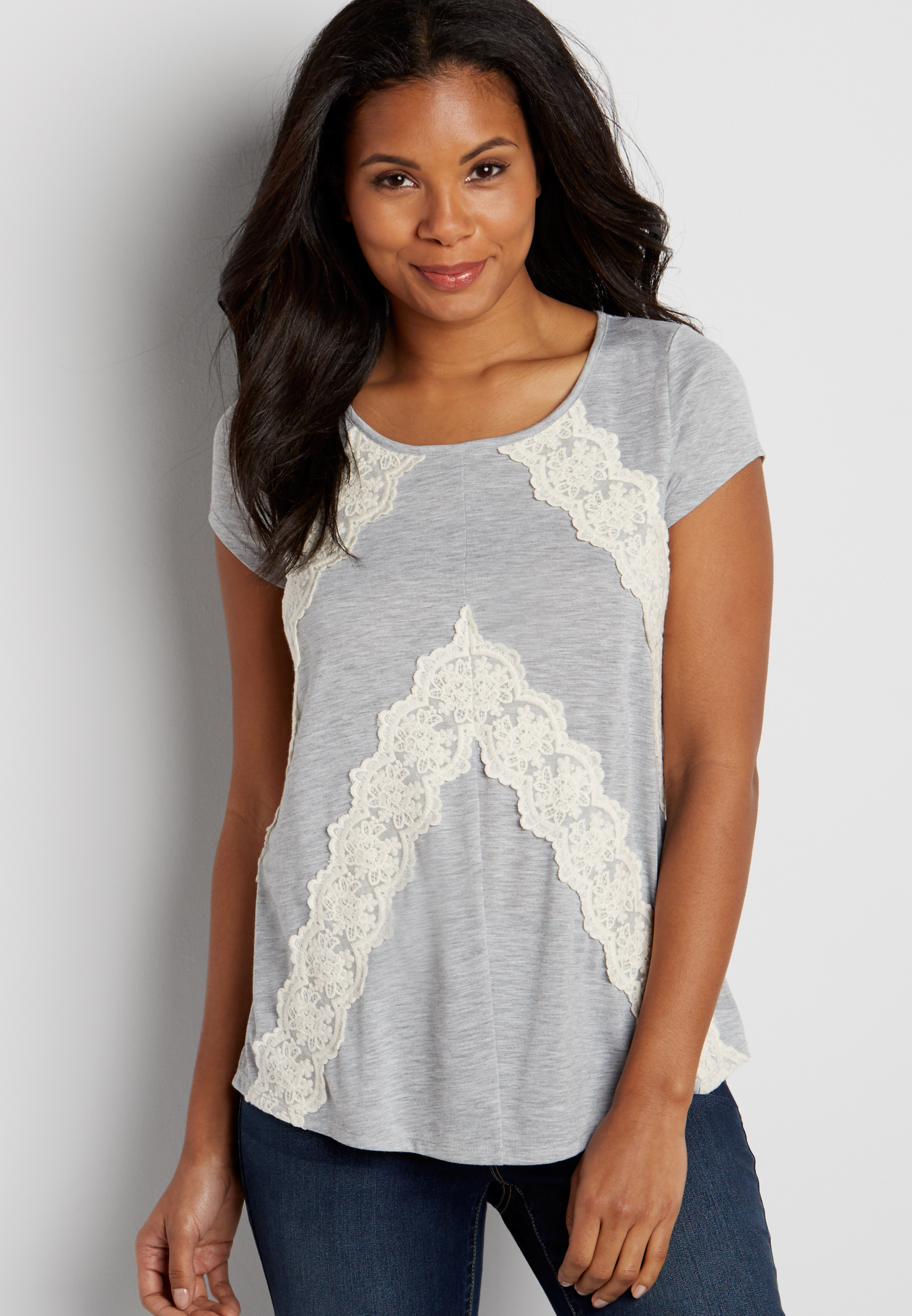 heathered tee with embroidered mesh overlay | maurices