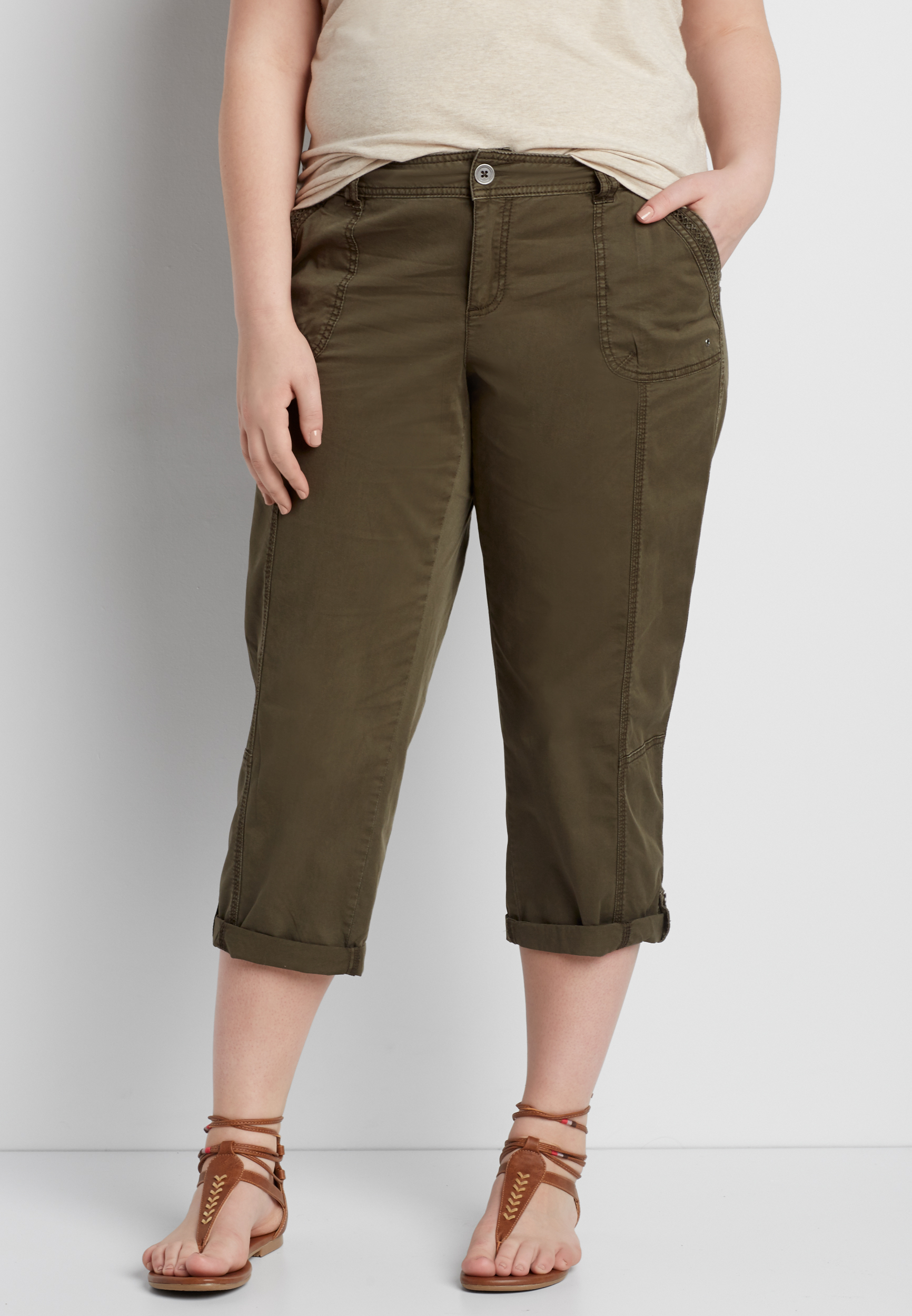 plus size capri with porkchop pockets in olive green | maurices