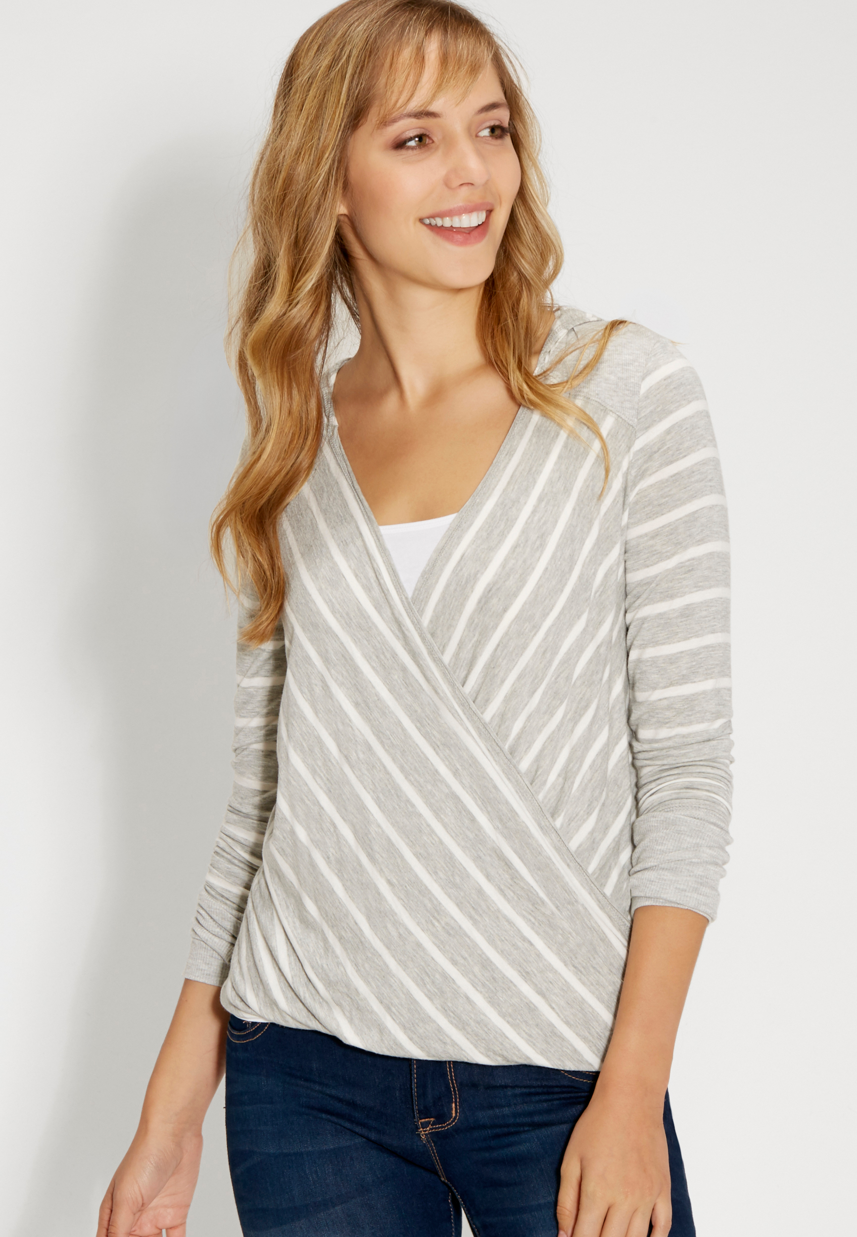 wrap front pullover with heathered stripes | maurices