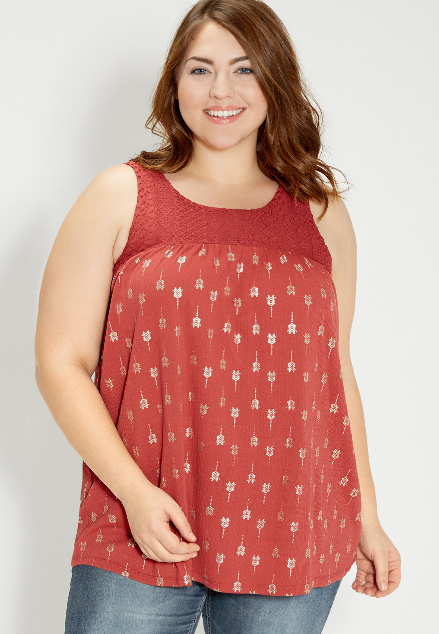 plus size tank with goldtone metallic print and lace | maurices