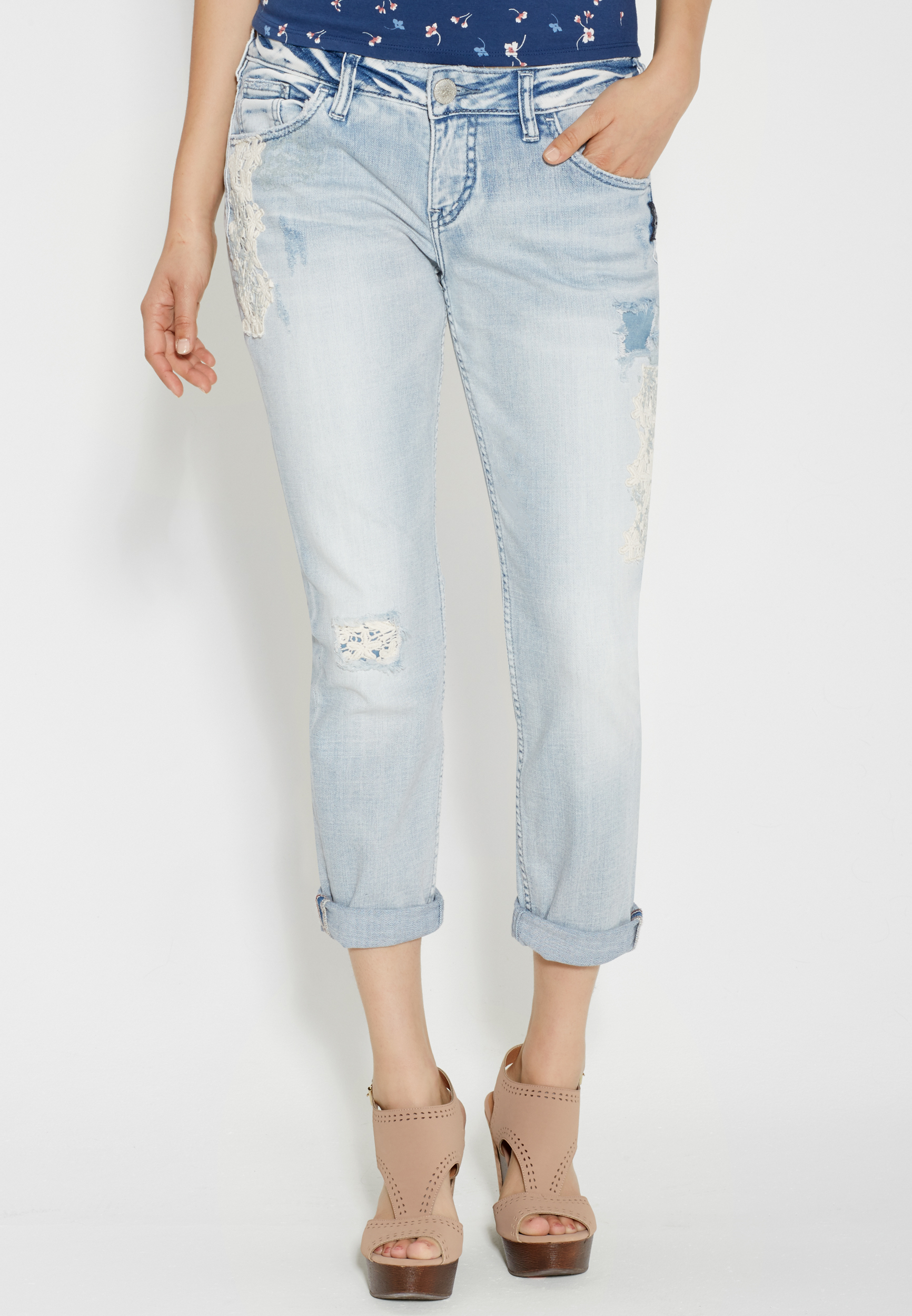 Silver Jeans Co.® boyfriend capri with floral lace | maurices