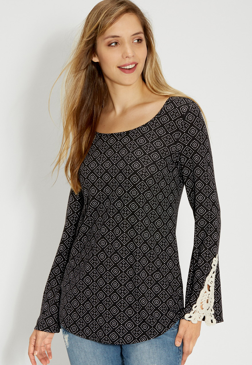 patterned tunic top with crocheted bell sleeves | maurices