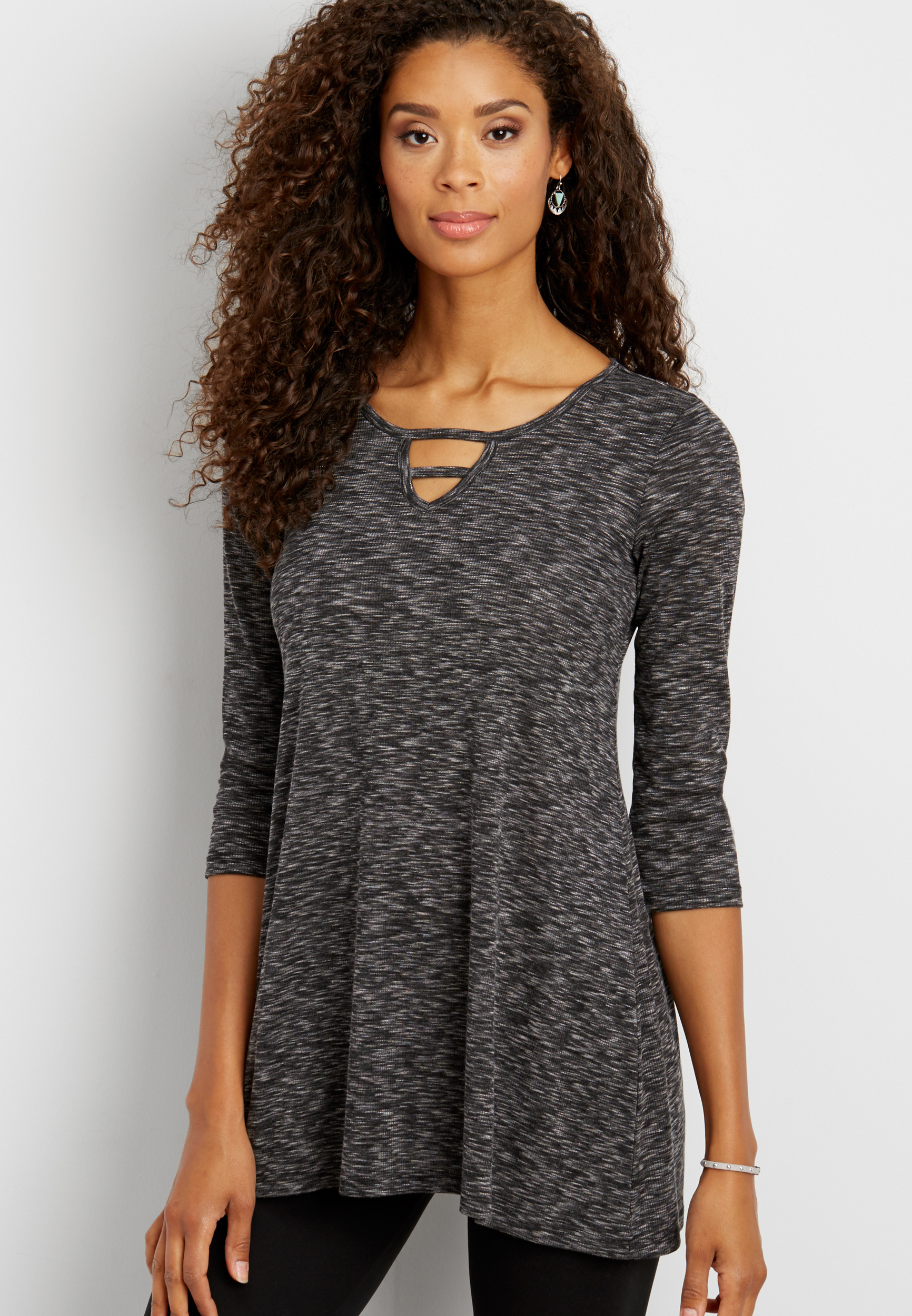 the 24/7 spacedye tunic with cut out neckline | maurices