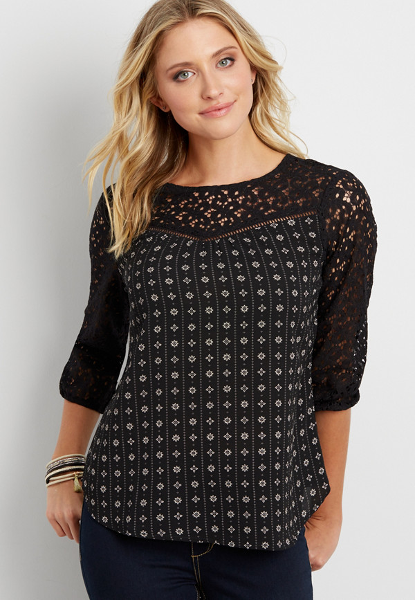 patterned blouse with lace yoke and sleeves | maurices patterned blouse with lace yoke and sleeves | maurices