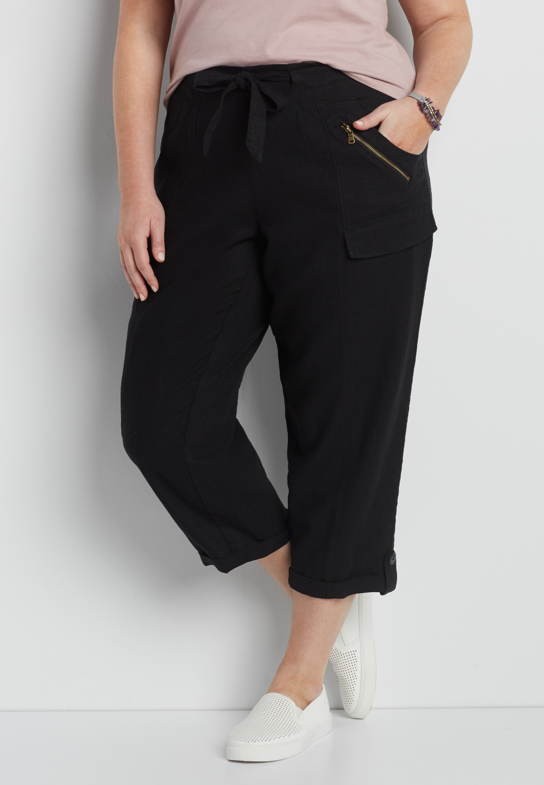 plus size linen utility capri with tie waist | maurices