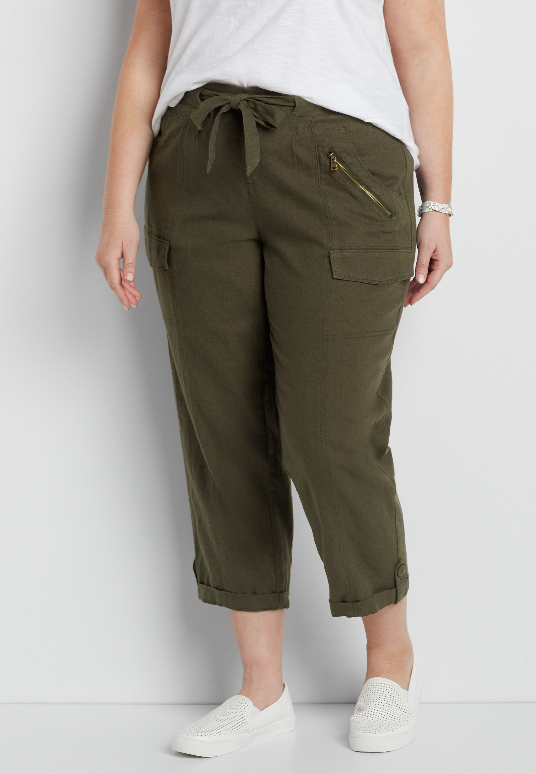 plus size linen utility capri with tie waist | maurices