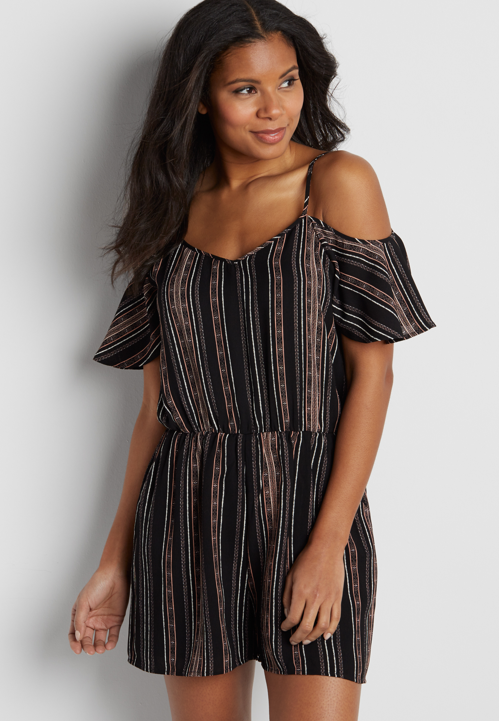 cold shoulder romper with patterned stripes | maurices
