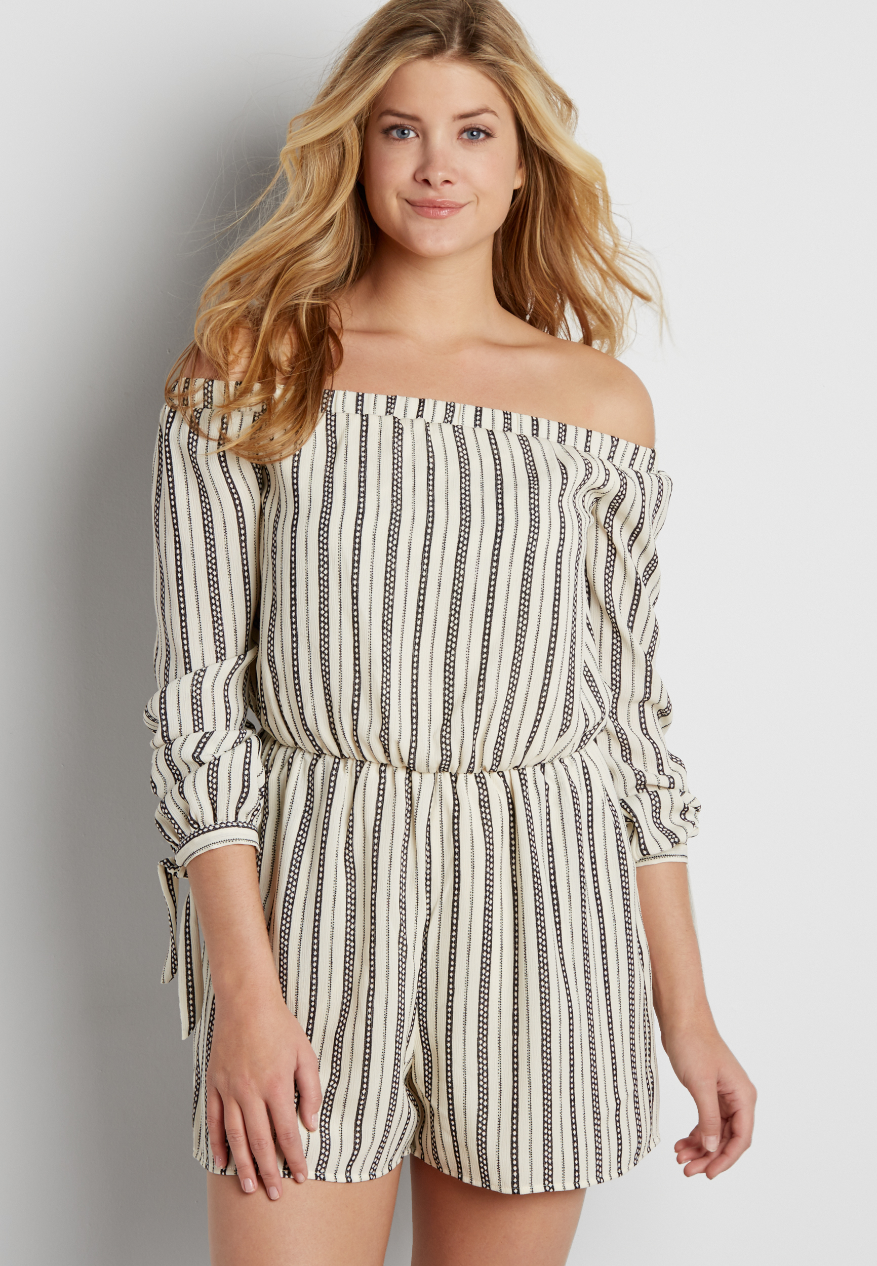 off the shoulder romper with stripes | maurices