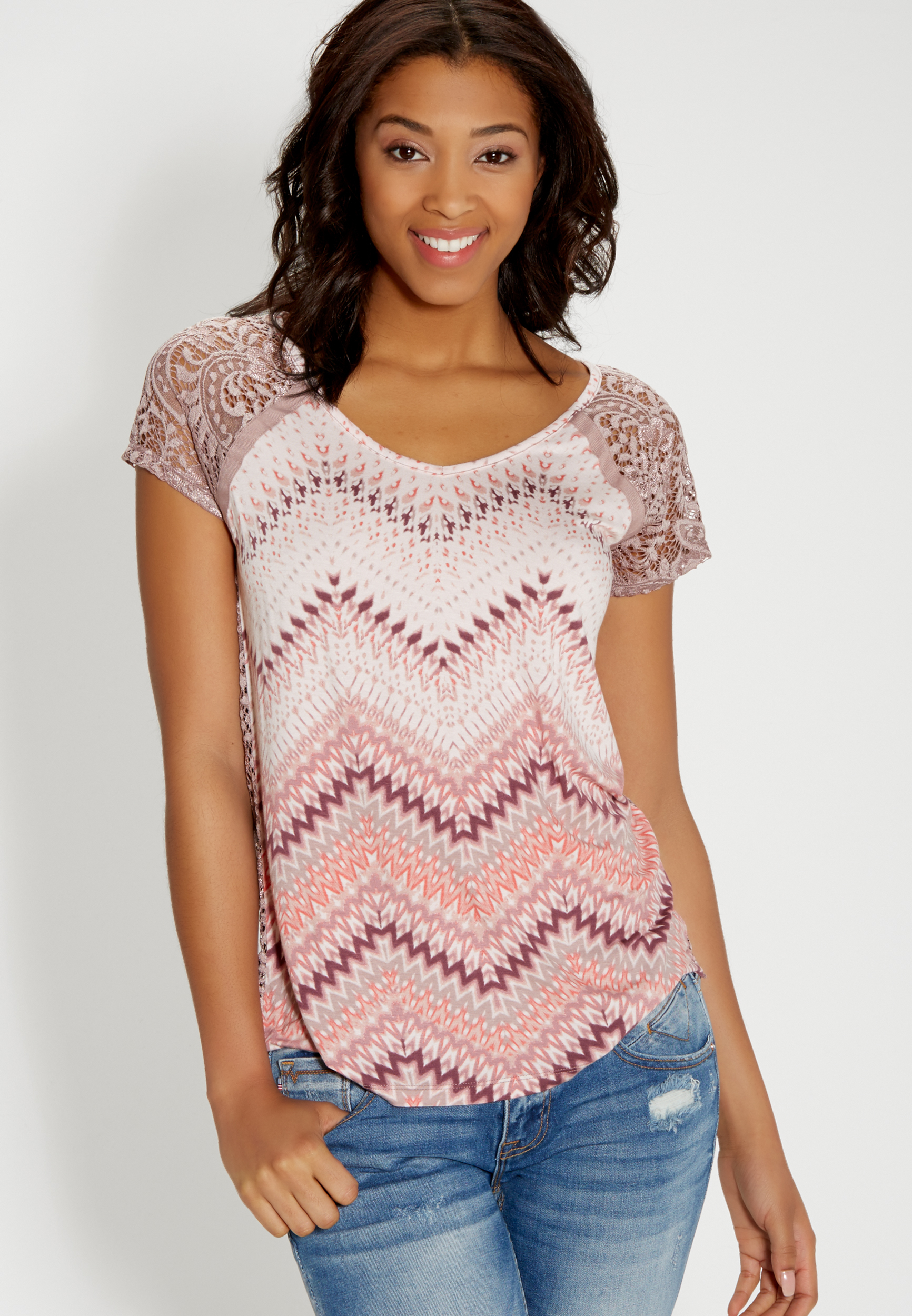 chevron print tee with lace back and sleeves | maurices
