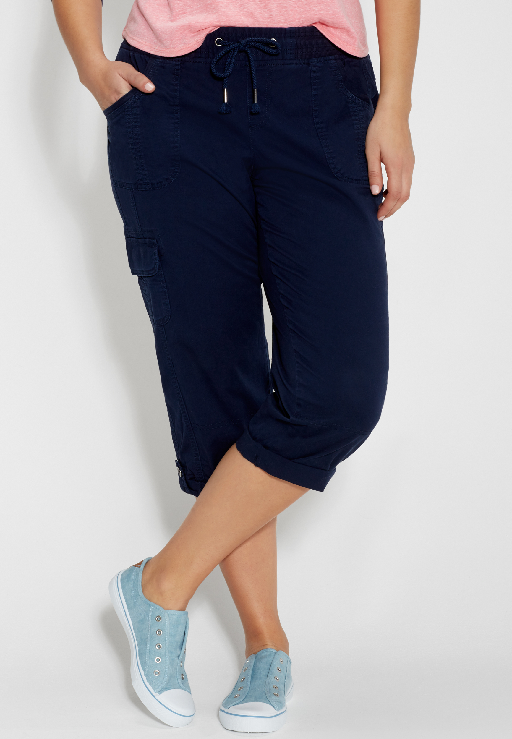 plus size cargo capri with ribbed waistband in blue jasmine | maurices