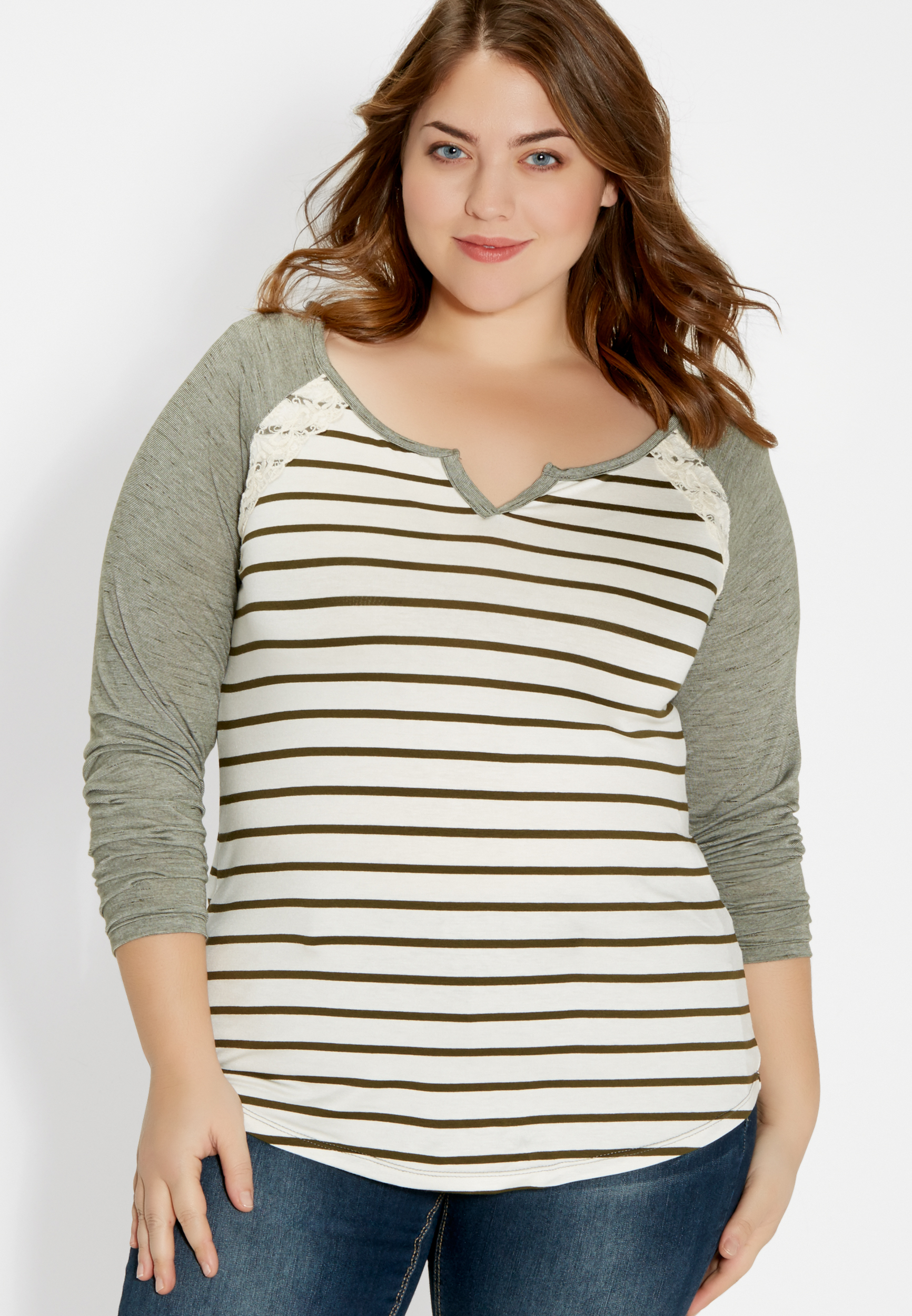 plus size striped baseball tee with lace | maurices