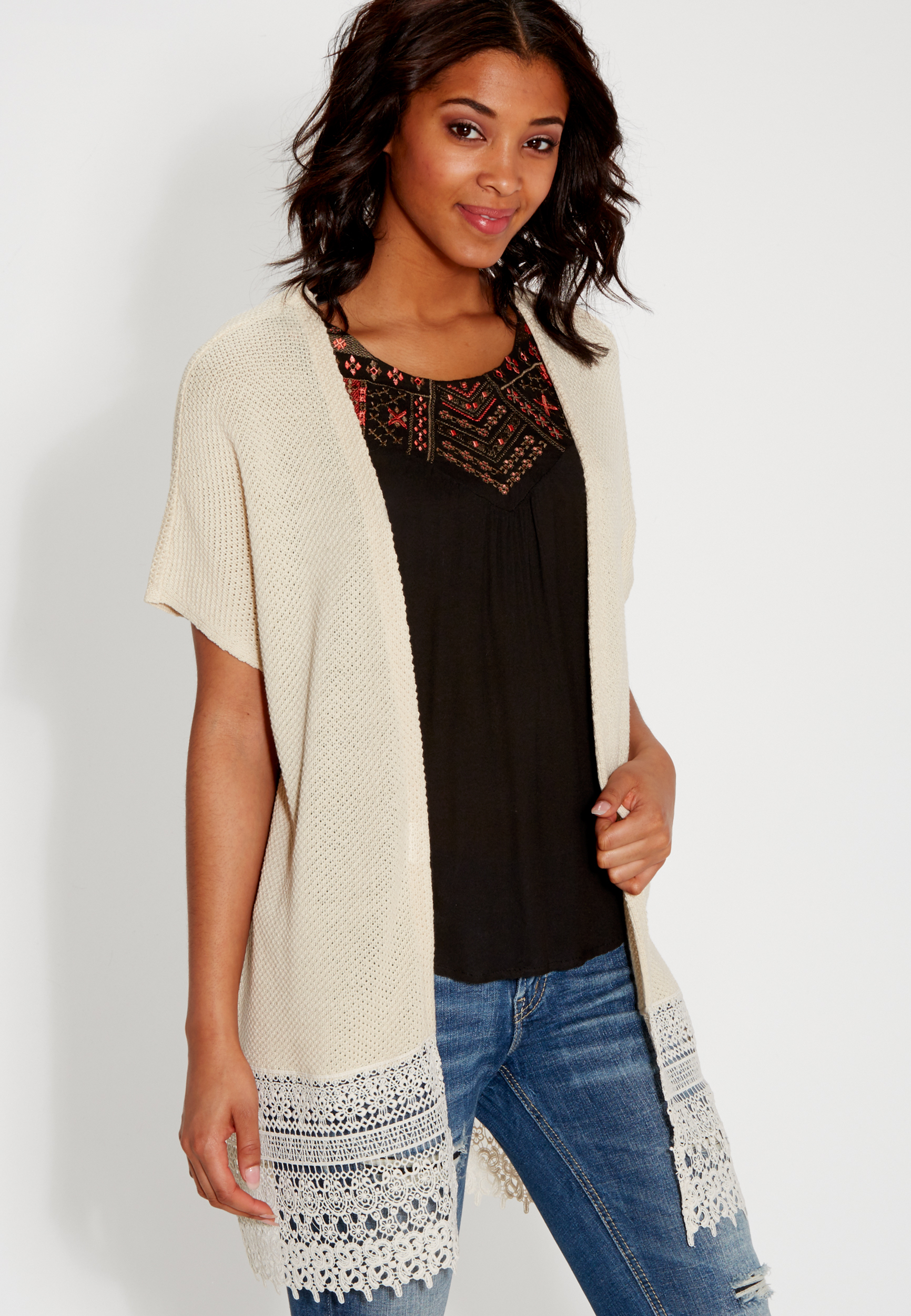 dolman cardigan with lace bottom hem | maurices